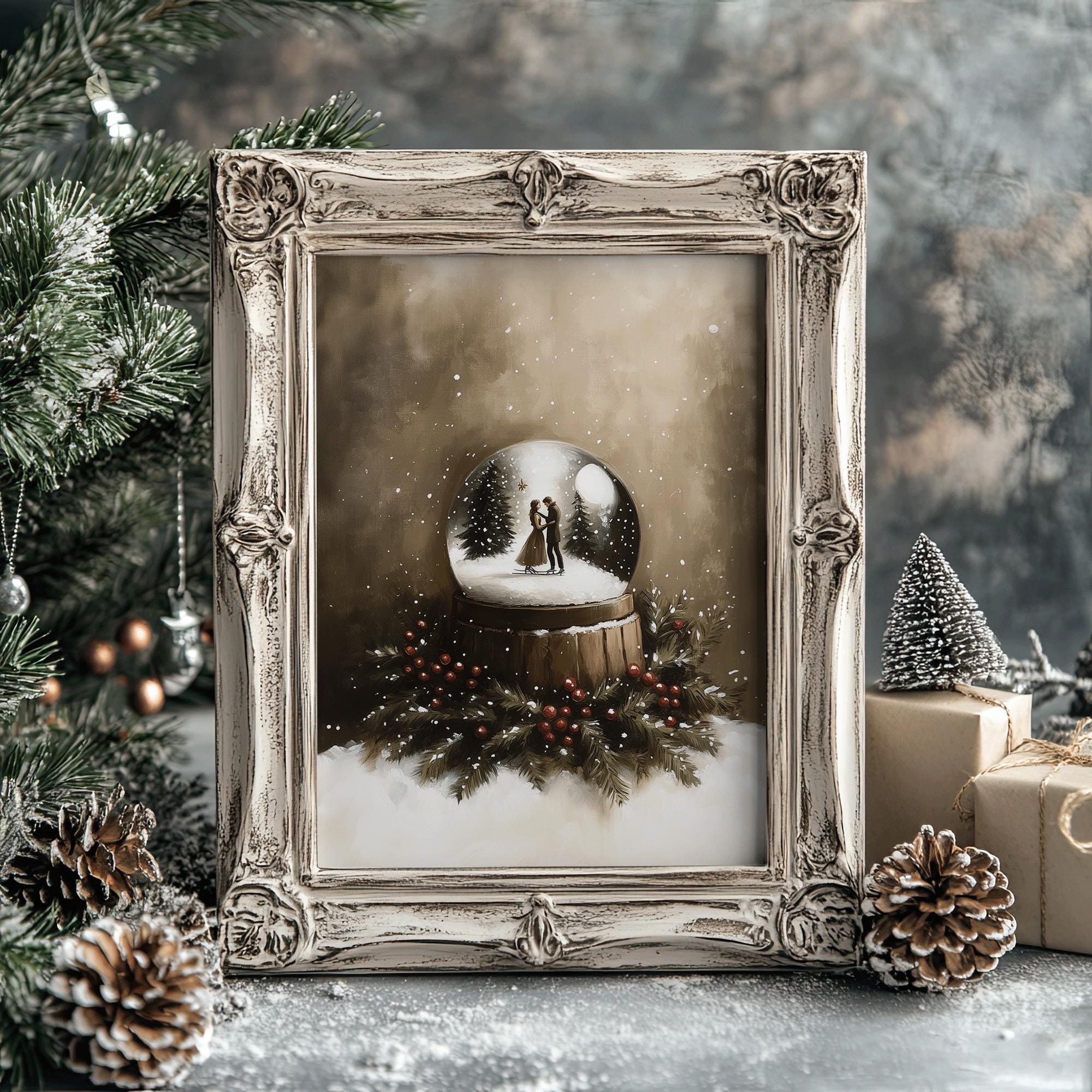 Vintage Christmas Snow Globe Art Print: Couple Dancing - Etsy