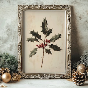 Christmas Holly Print, Vintage Christmas Art Print, Christmas Wall Art ...