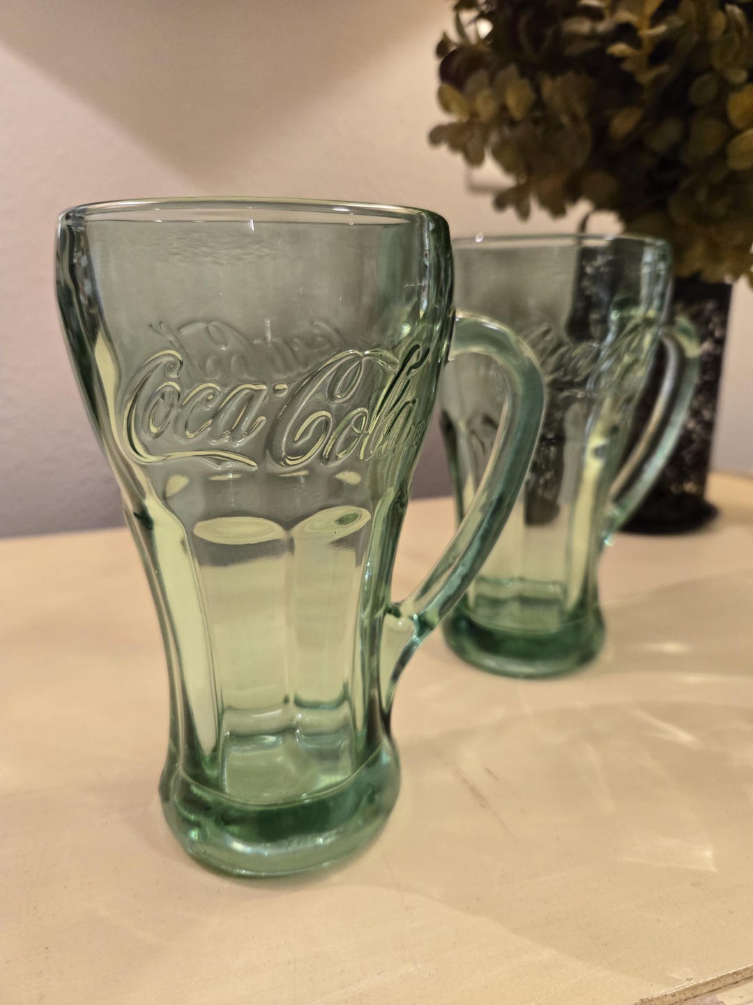 Vintage Coca-cola Glass Mugs – Set of 2 – Thick Green Glass With ...