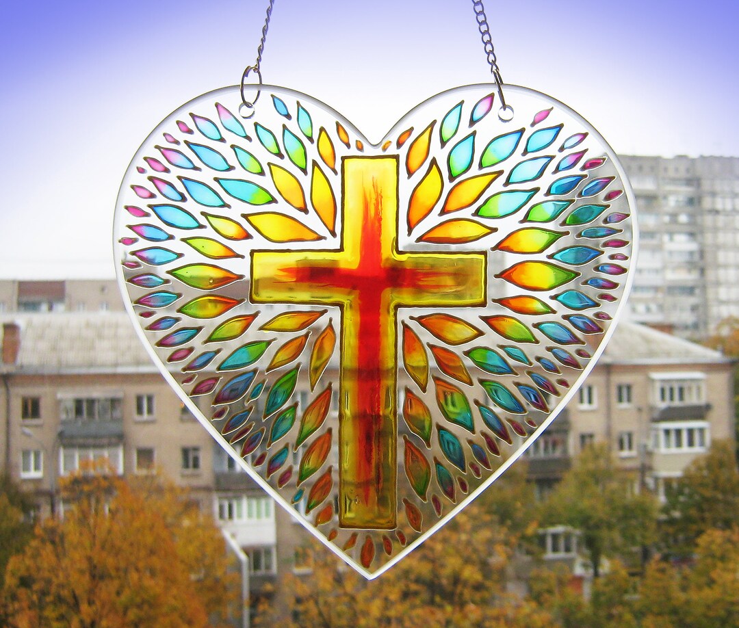 Glass Cross "emma’s Heart", Heart Suncatcher, Religious Suncatcher ...