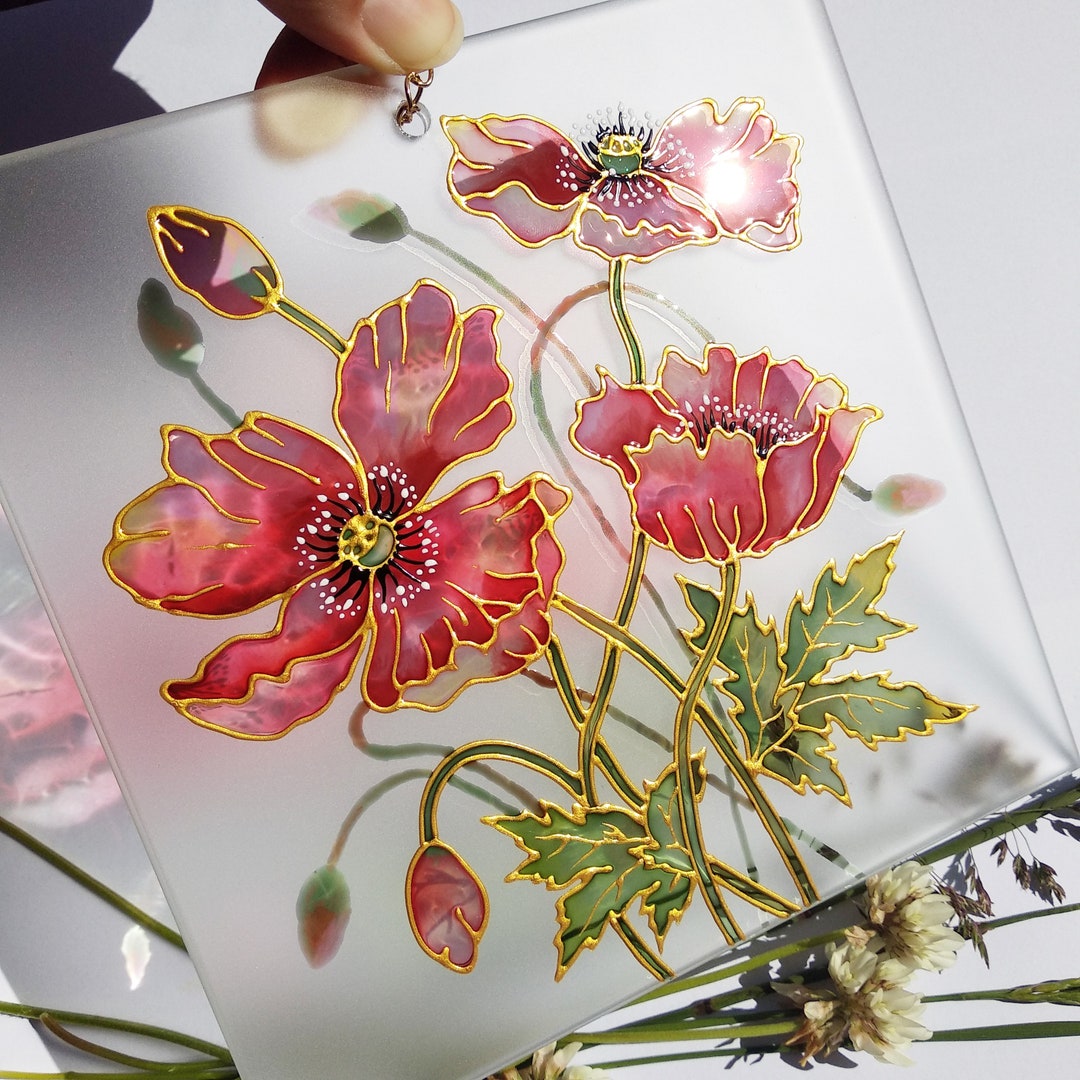 Stained Glass Poppy Panel: Hand-painted Floral Window Hanging - Etsy