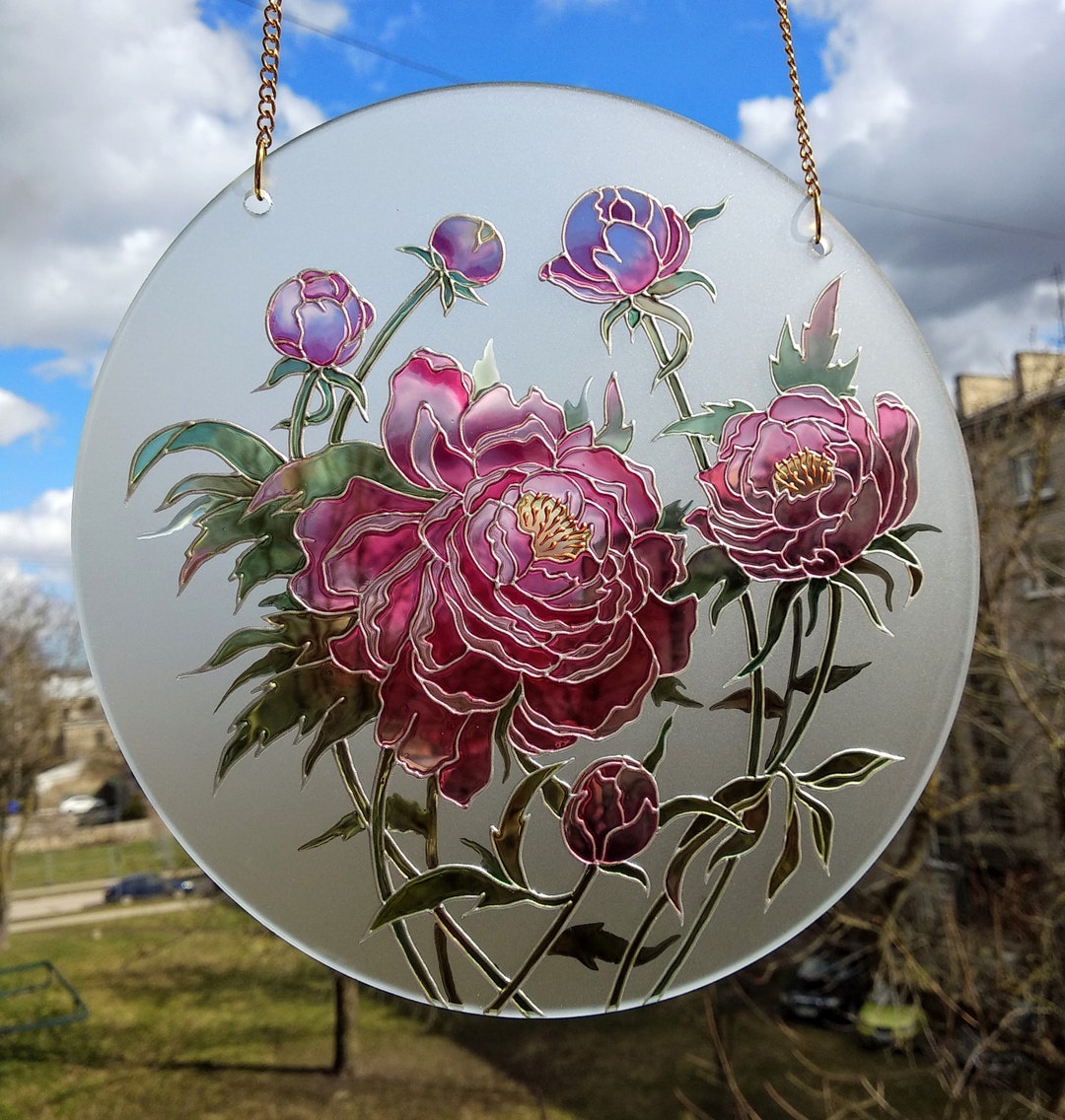 Hand Painted Round Peony Stained Glass Suncatcher: Peony Painting ...