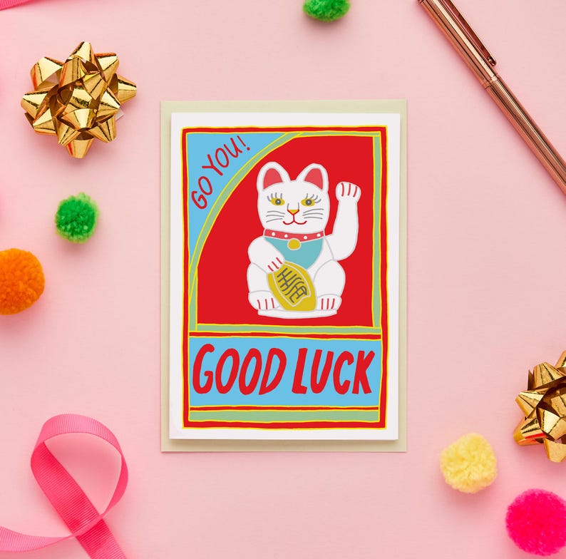 Chinese Cat Good Luck Card | Lucky Cat Greeting Card | Maneki Neko Card ...