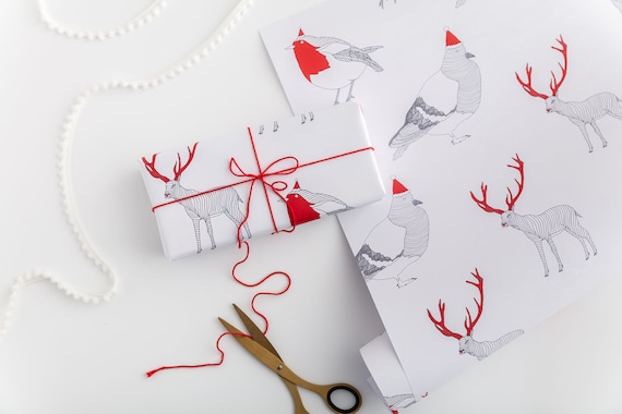 Reindeer Christmas wrapping paper Pigeon Robin xmas | Etsy
