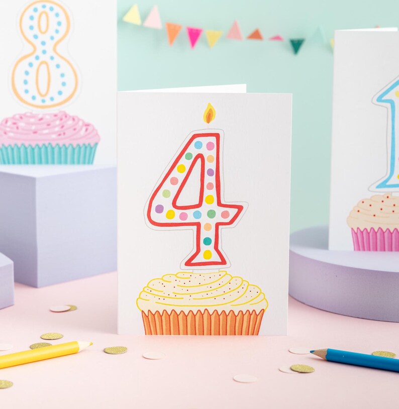 4th Birthday Card | Cute Cupcake Design With Candle | Gender Neutral ...