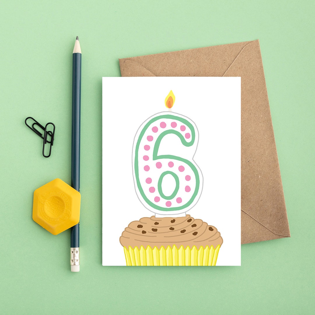 6th Birthday Card Kids Birthday Card Six Birthday Card Birthday Cupcake ...