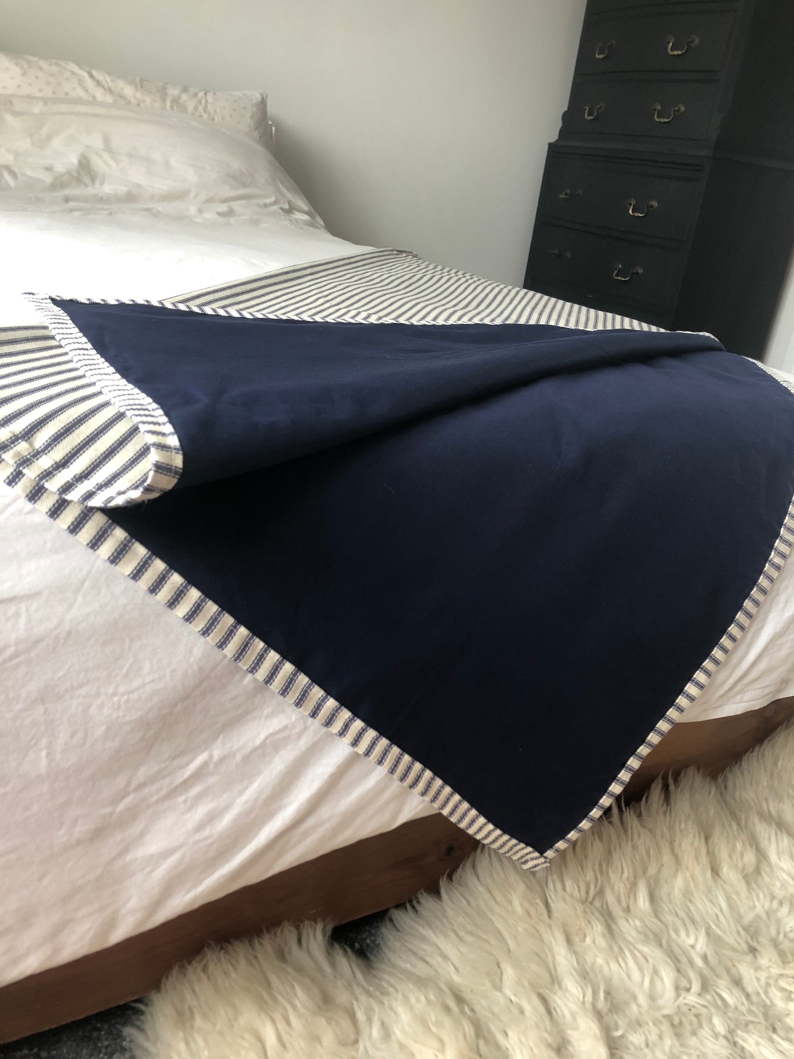 Navy Blue Throw Blanket - French Farmhouse Ticking Stripe - Vintage ...