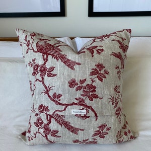French Country Pillow Cover, Vintage Linen Bedding, Bordeaux Red Toile ...