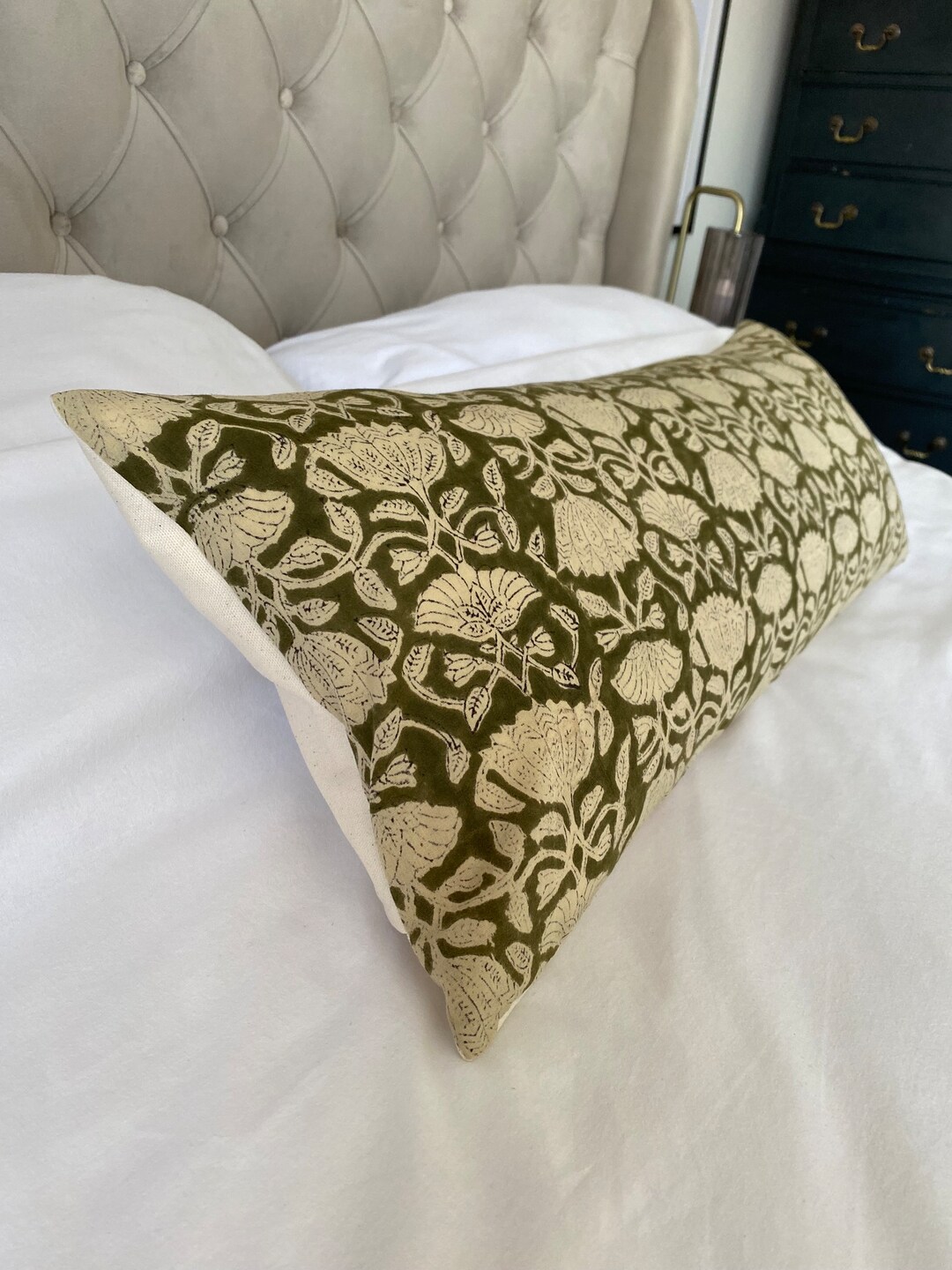 Olive Green Block Print Bolster Pillow Cover, Extra Large Lumbar Pillow ...