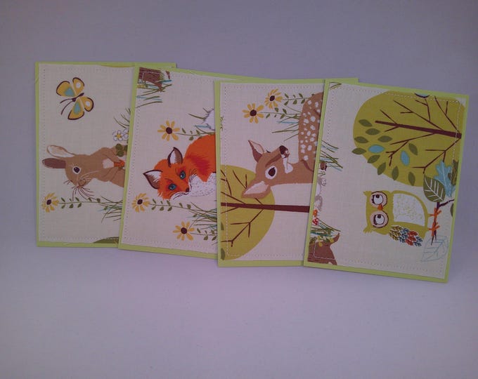 4 Woodland Animals Fabric Note Cards FREE SHIPPING Set Bunny Fawn Fox ...