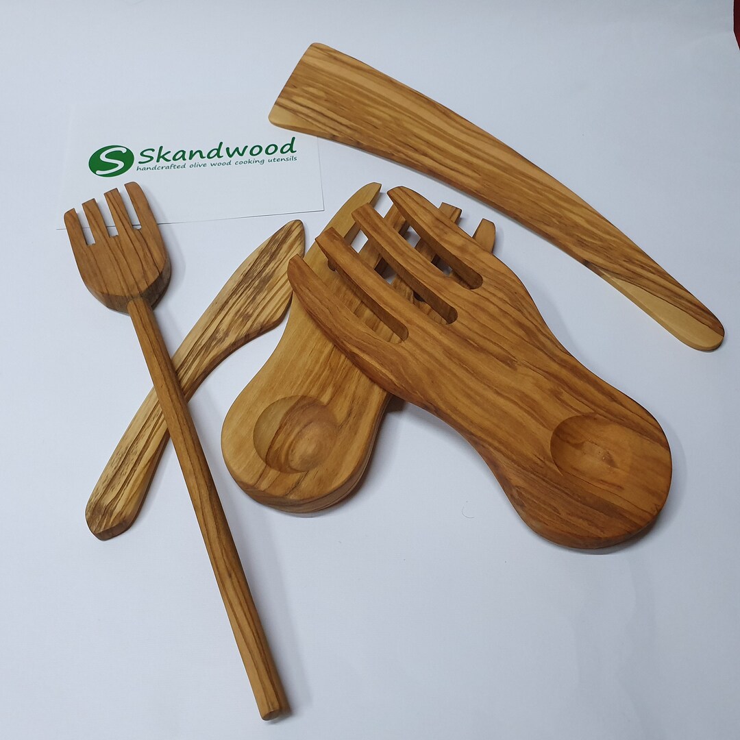 Olive Wood Cooking Set / Curved Hand Set + Stirring Fork + Knife ...