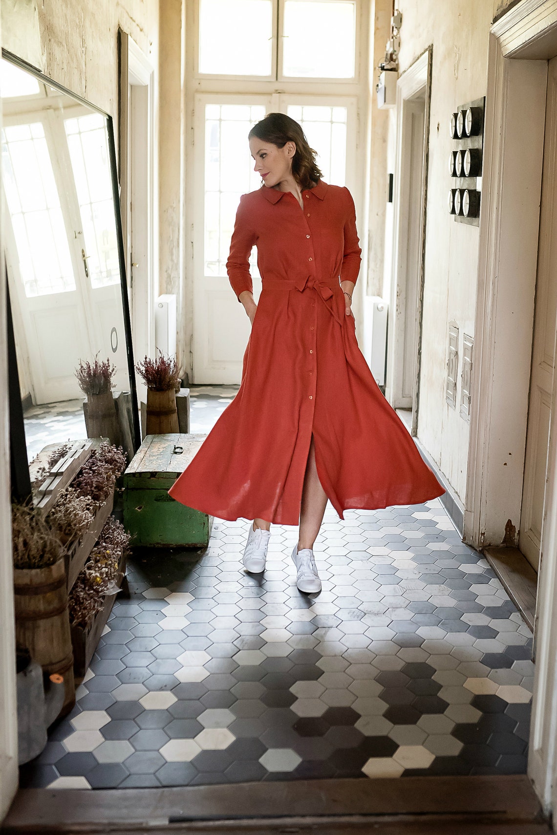 Long Linen Dress With Buttons Collar and Belt - Etsy