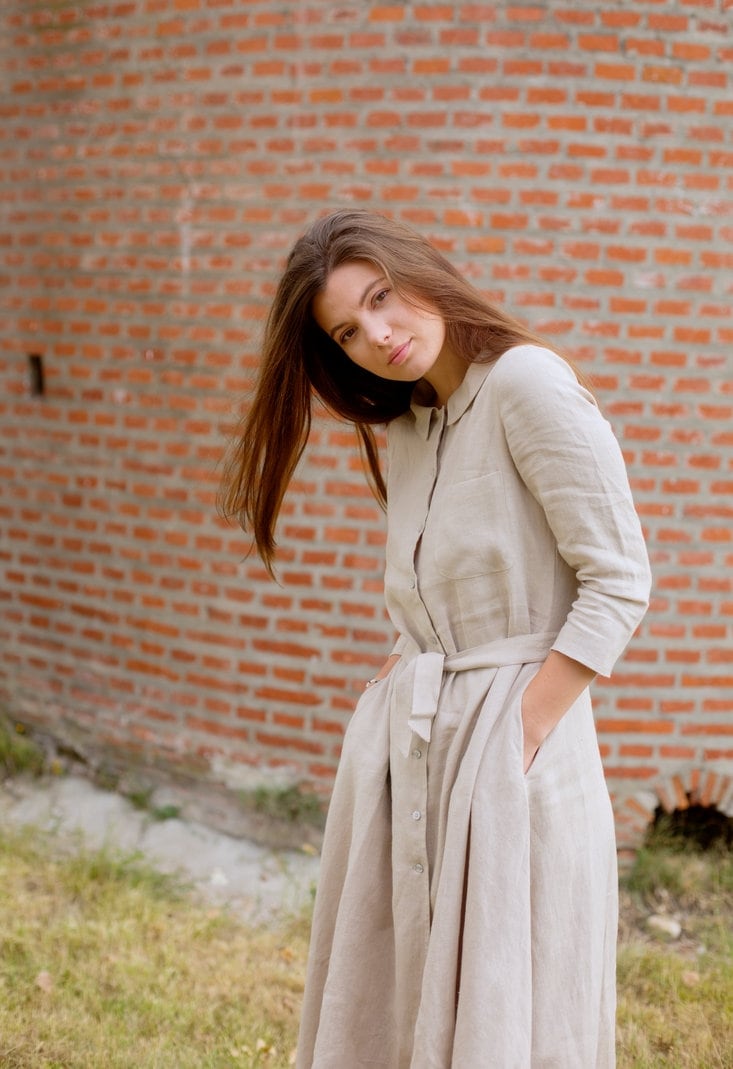 Long Linen Dress With Buttons Collar and Belt - Etsy