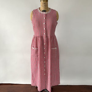 Vintage 90s Dress, 1990s Dark Red White Gingham Check Polyester Midi ...