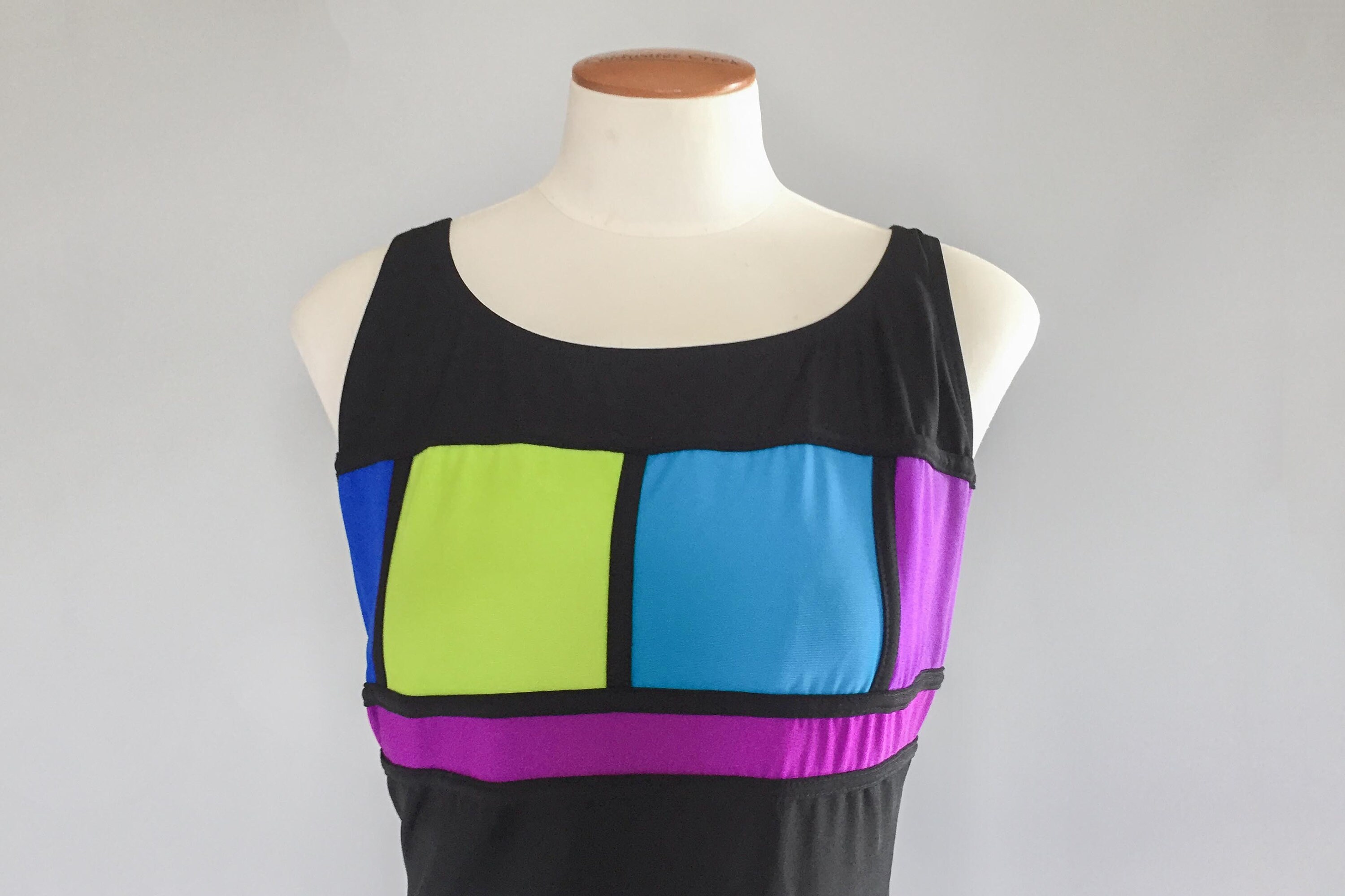 Vintage 1990s black rainbow colorblock one piece scoop back swimsuit by ...