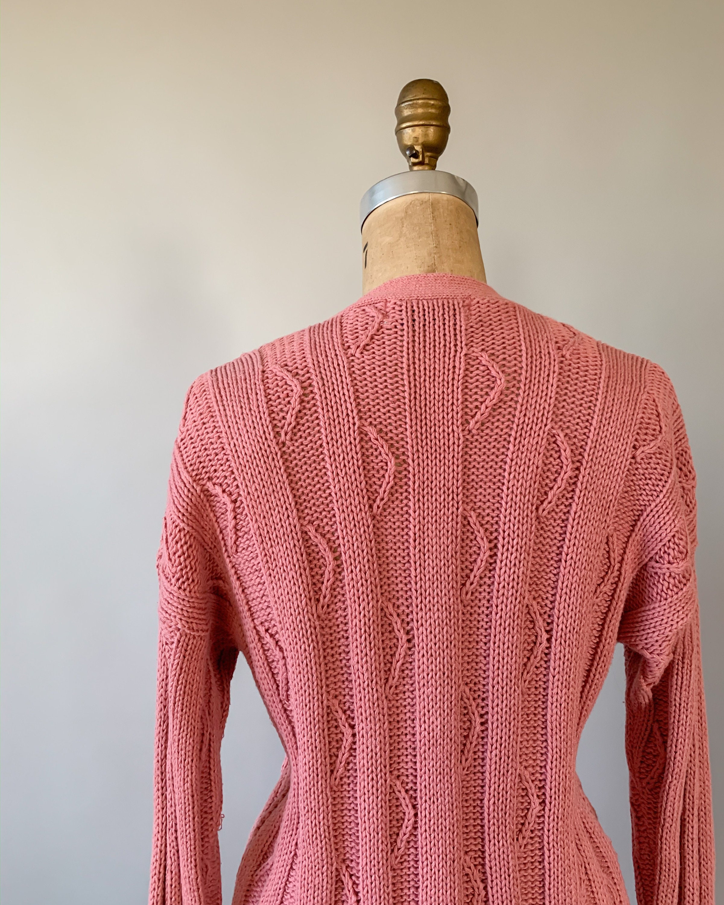 Vintage 1980s dusty rose pink cotton cable knit long open cardigan ...