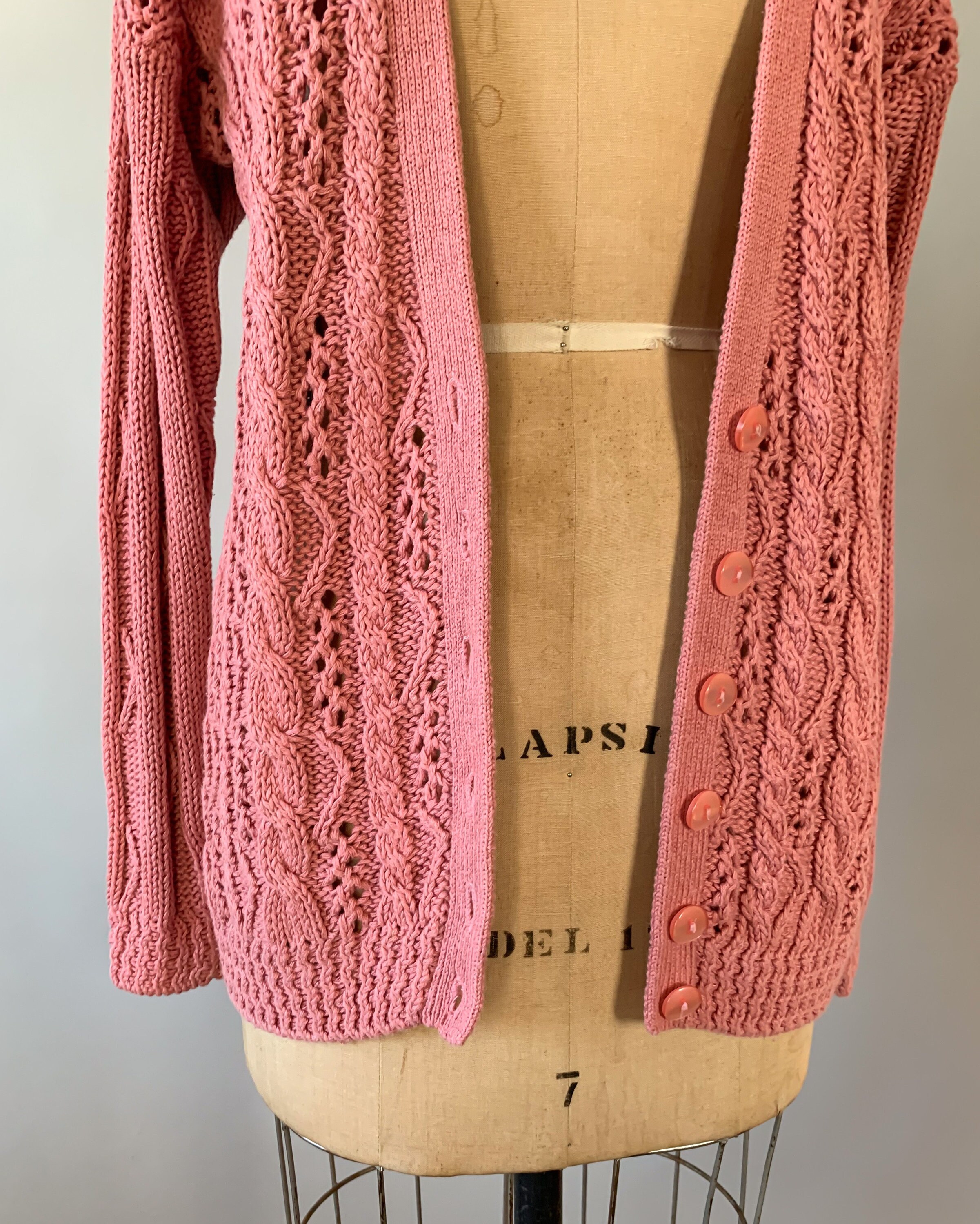 Vintage 1980s dusty rose pink cotton cable knit long open cardigan ...