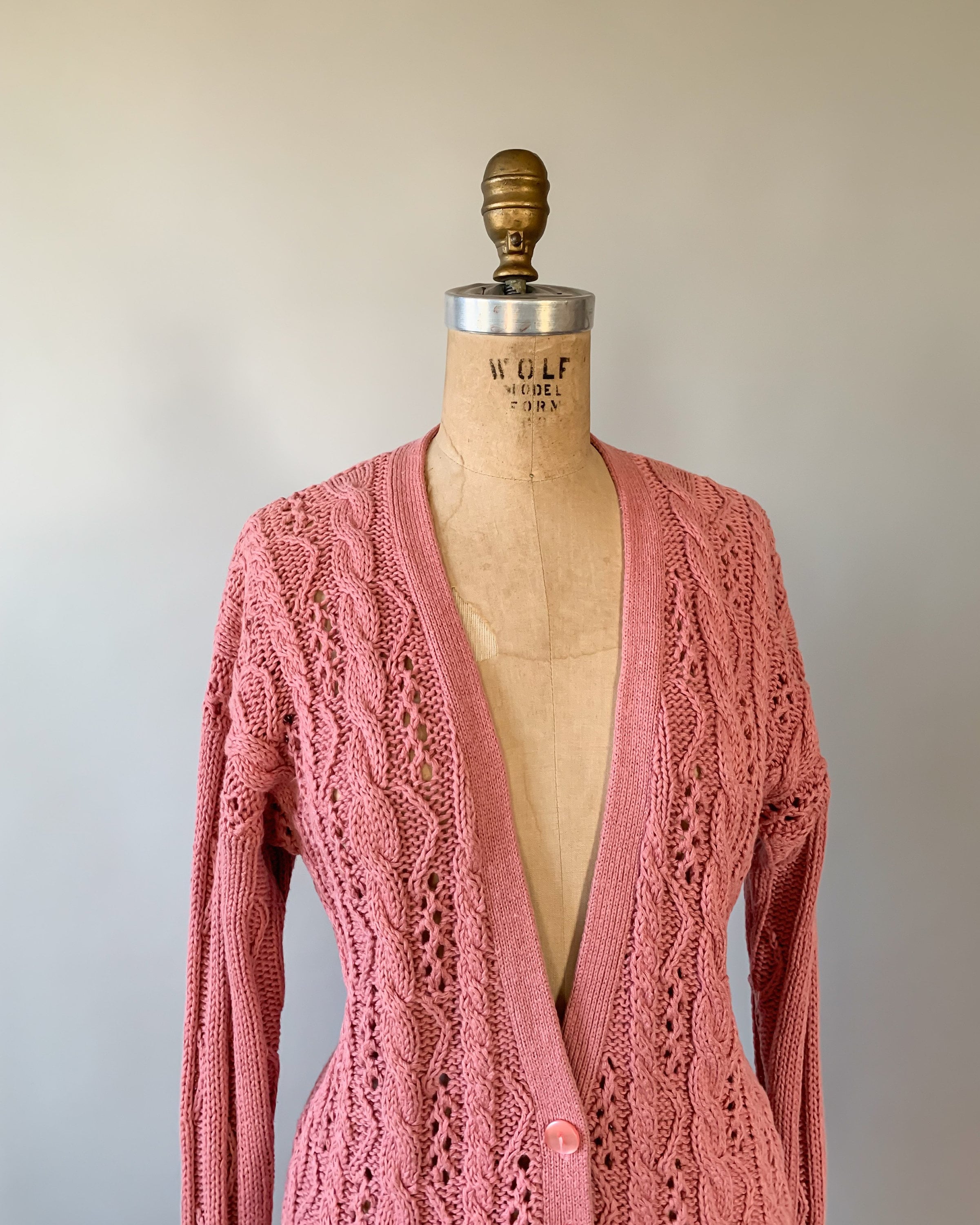 Vintage 1980s dusty rose pink cotton cable knit long open cardigan ...