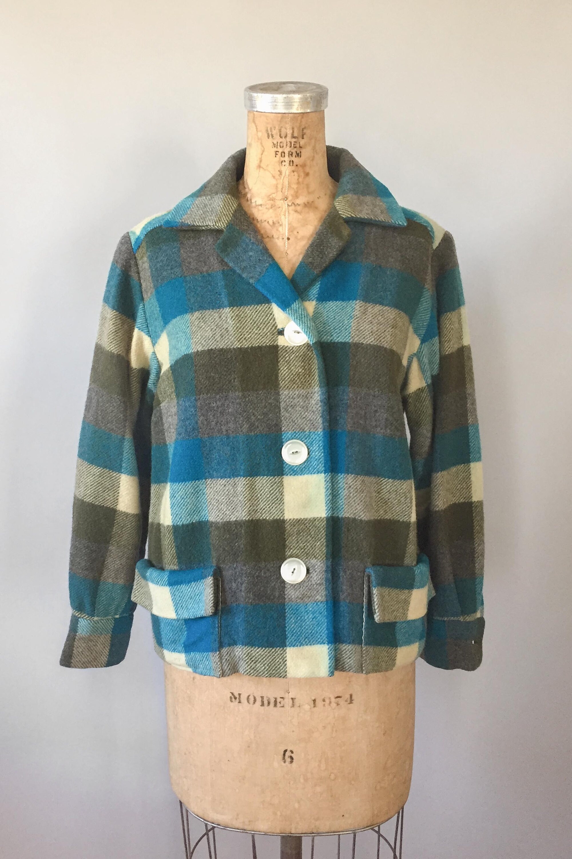 Vintage 1950s 50s aqua blue olive green plaid wool Pendleton 49er style ...