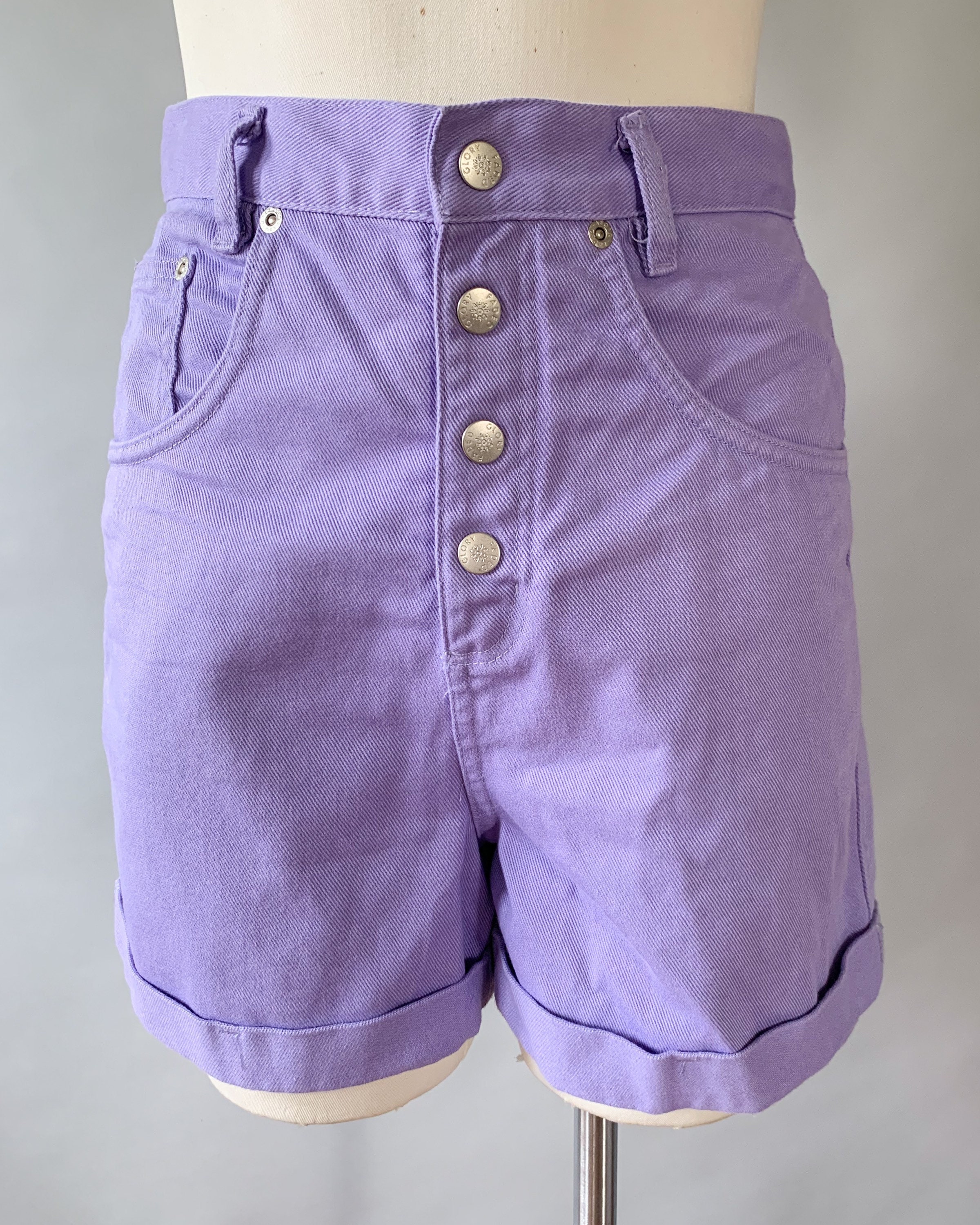 Vintage 1990s purple high waisted button fly denim shorts, W27, W28
