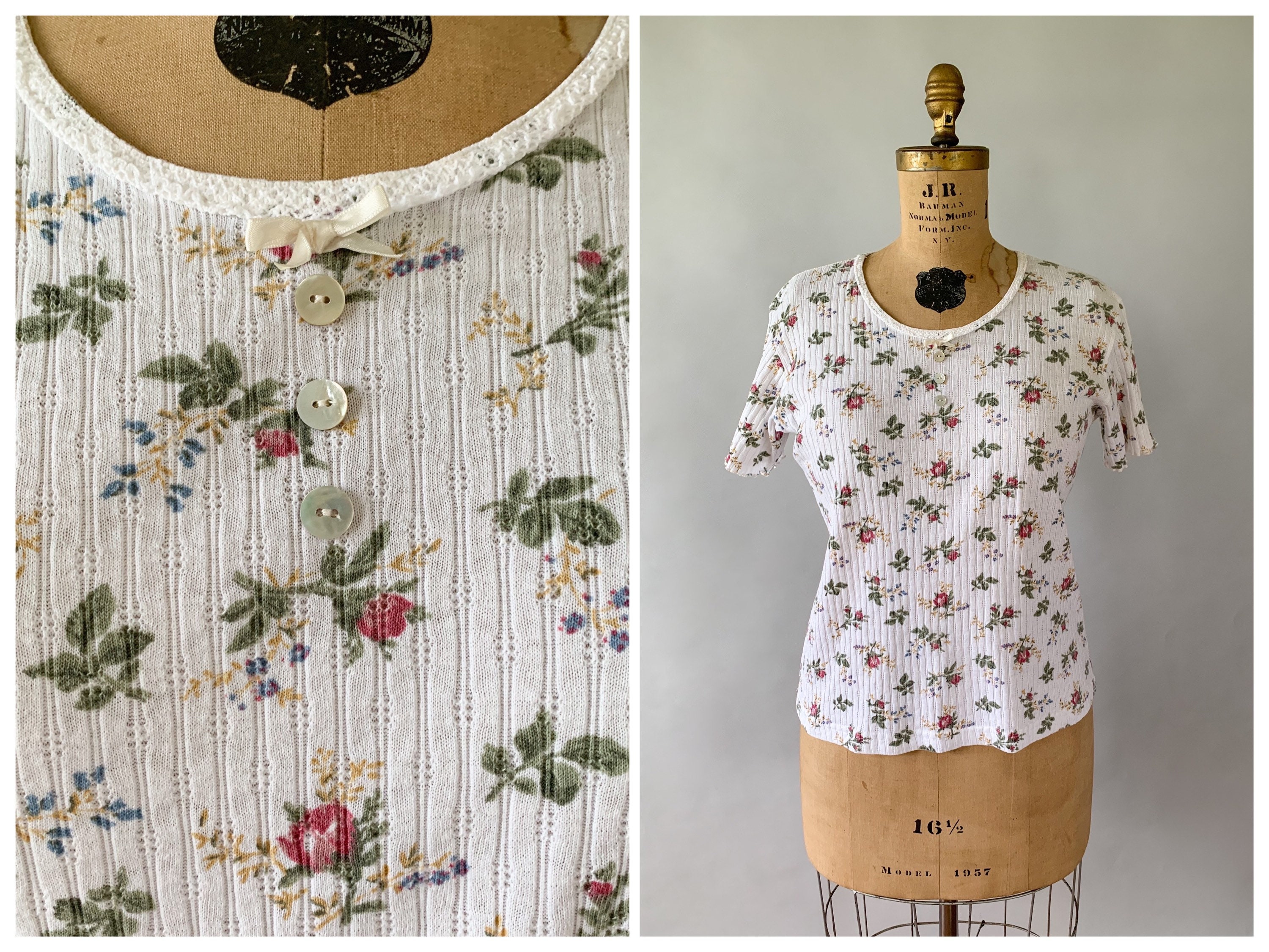 Vintage 1990s white floral rose print lace trim top / Large L