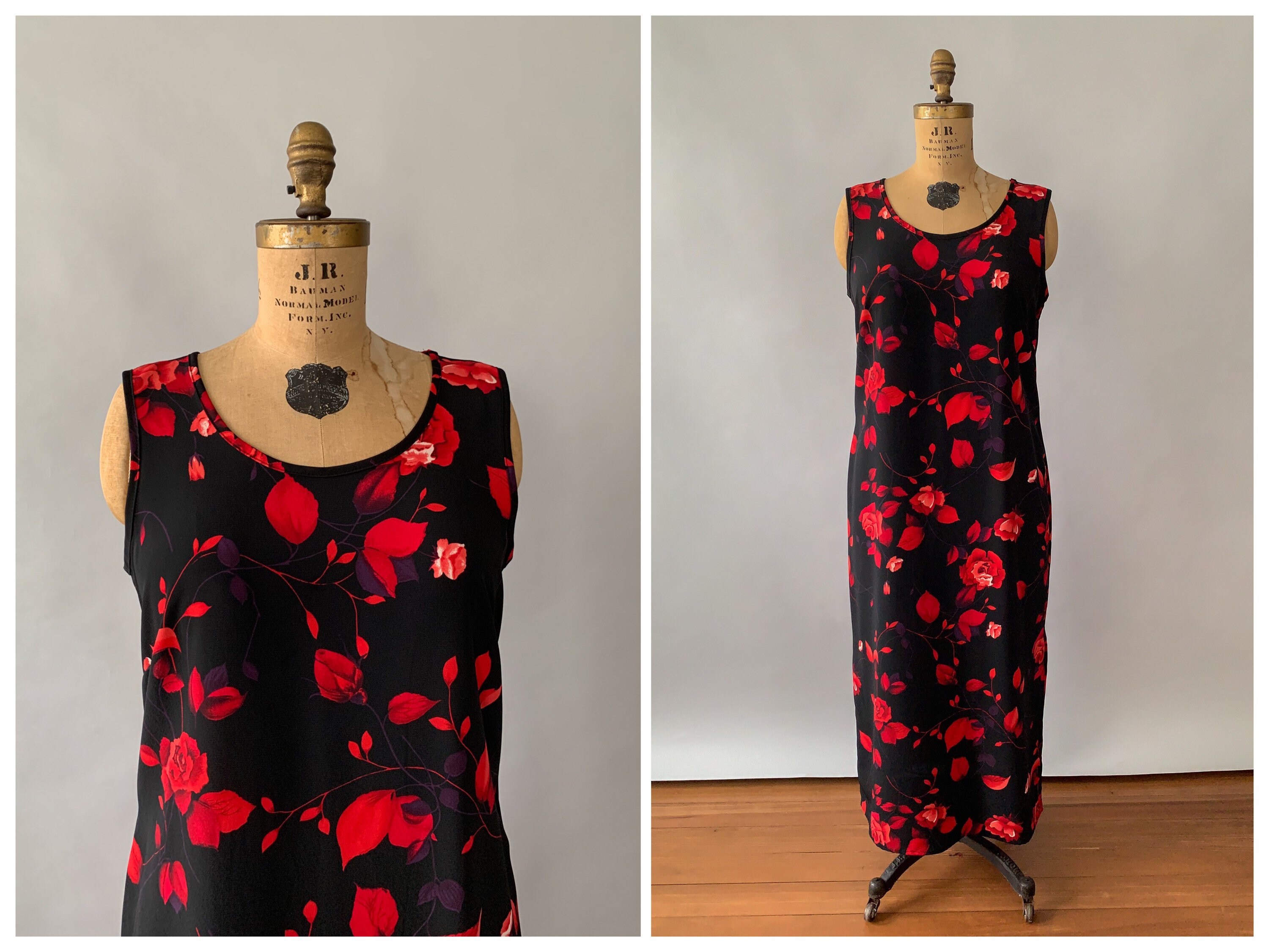 Vintage 1990s vintage black and red rose print sleeveless maxi dress ...