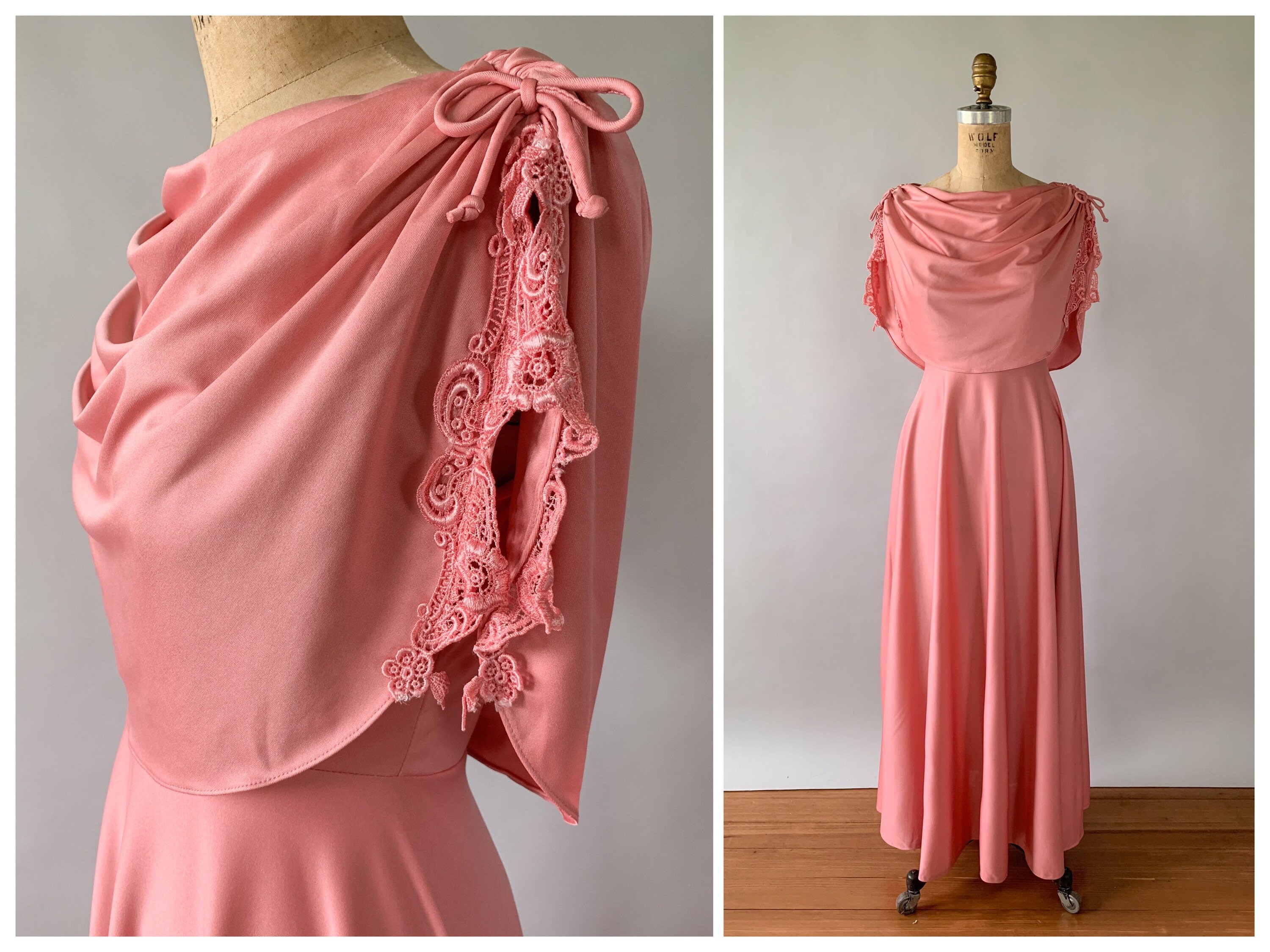 Vintage 1970s dusty rose pink caplet lace maxi dress / extra small XS