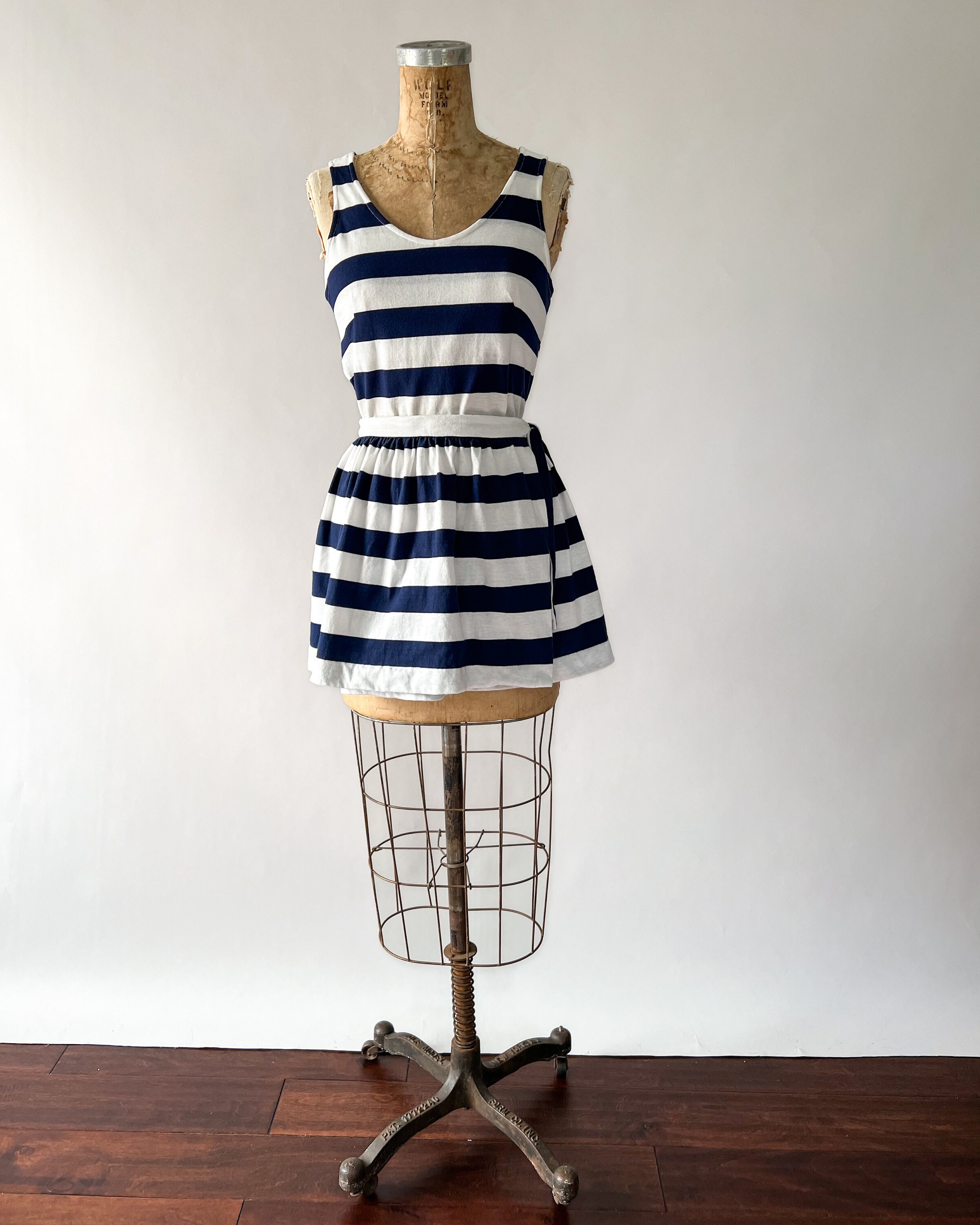 1970s Vintage Mod Navy White Stripe Cotton Knit Tunic Tank Top Micro ...