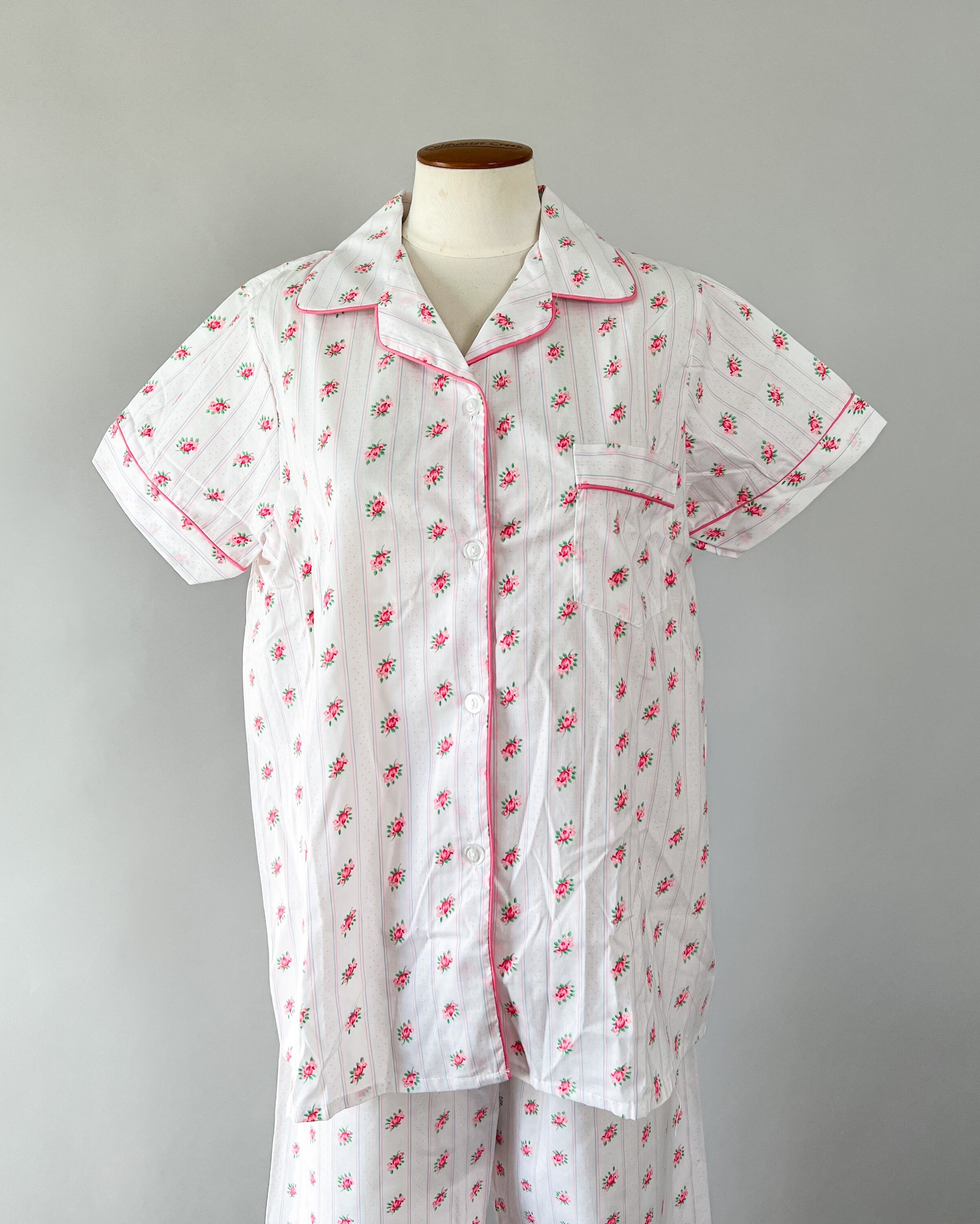 Vintage 80s Pajamas, 1980s 1990s Multi Floral Stripe Cotton Poly 2PC PJ ...