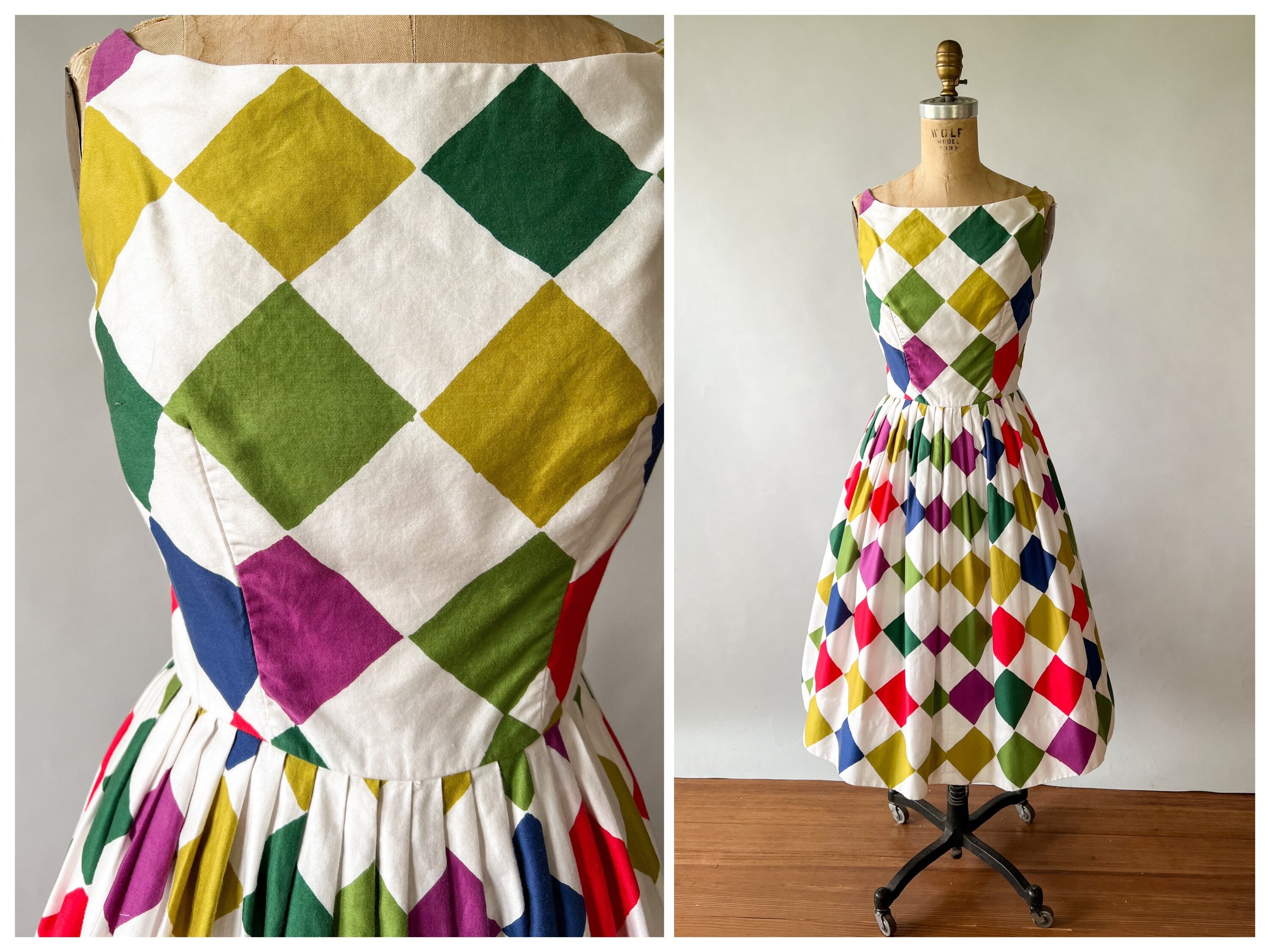 Rare 1950s jewel tone rainbow diamond print harlequin dress, Extra ...