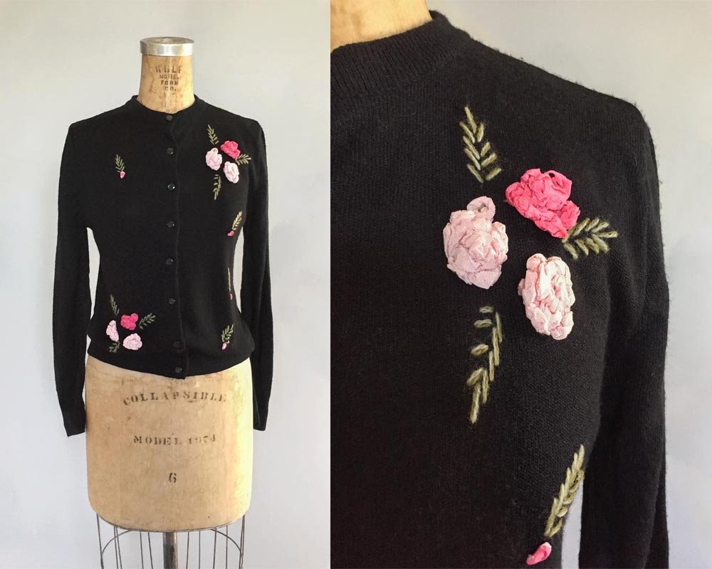 Vintage 1960s 60s black and pink floral appliquéd cardigan sweater ...