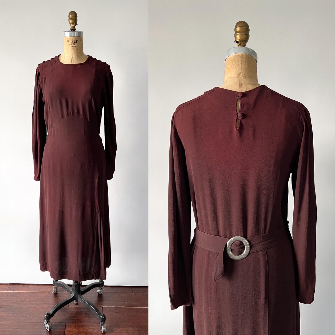 Vintage 30s Dress, 1930s Deco Dark Brown Red Ombré Rayon Crepe Seamed ...