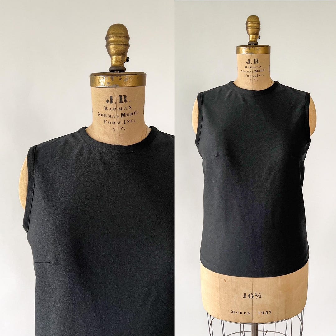 Vintage 70s Top, 1970s Black Double Knit Polyester Tank, Sleeveless ...