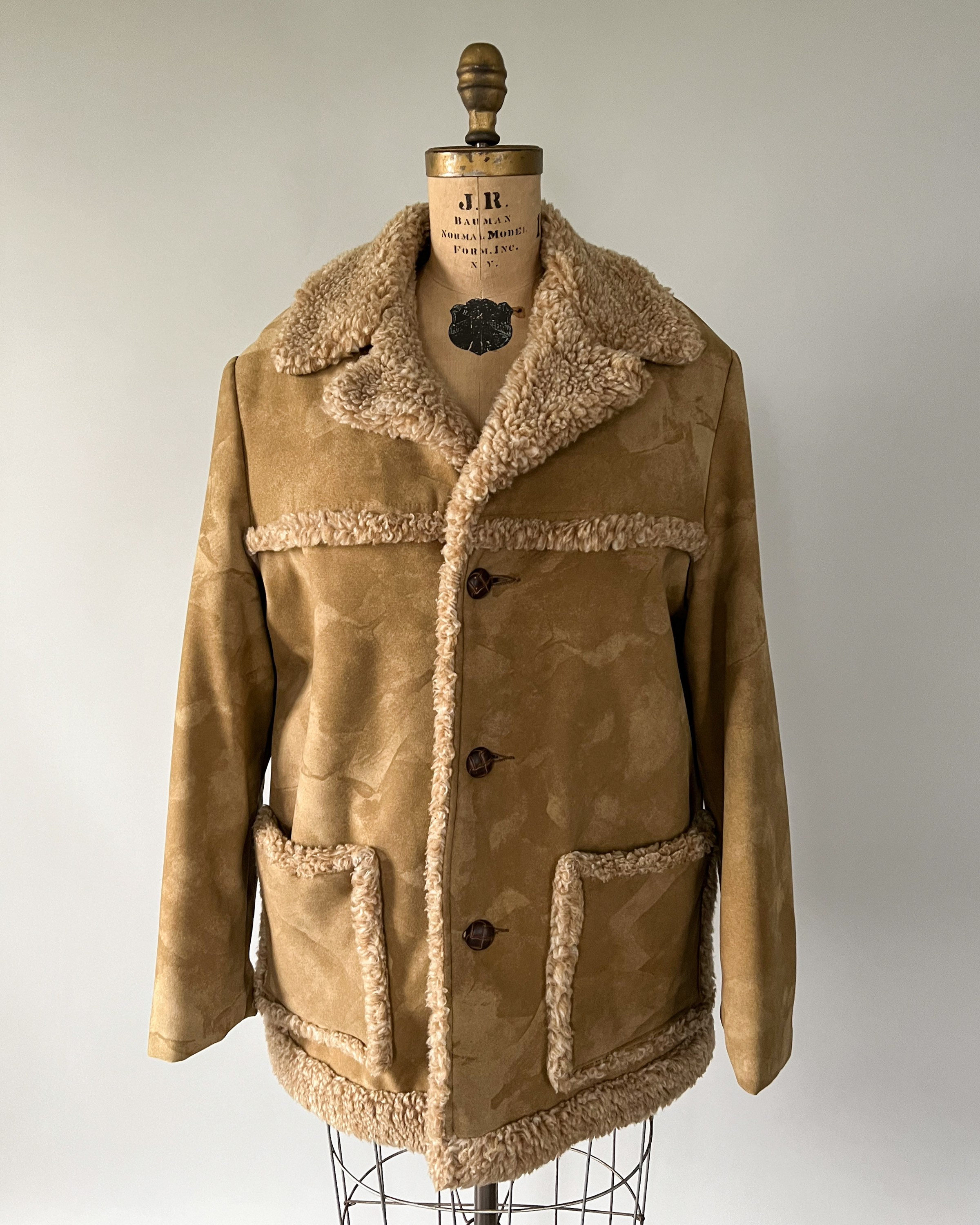 Vintage 1970s faux suede Sherpa lined rancher coat, Unisex Size 42