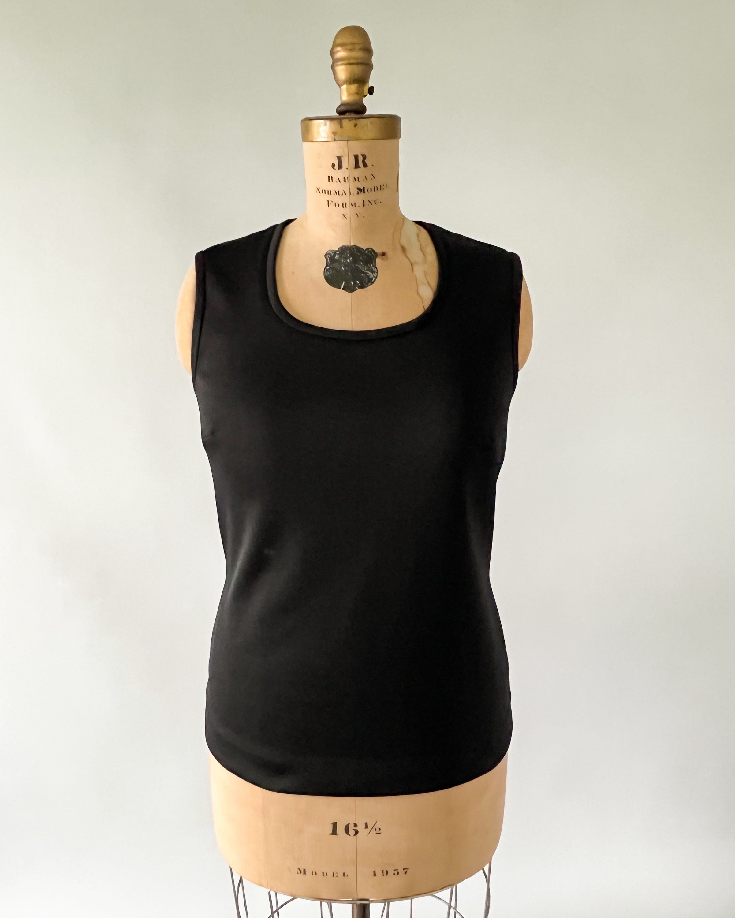 Vintage 1970s black polyester scoop neck tank top, Medium Large
