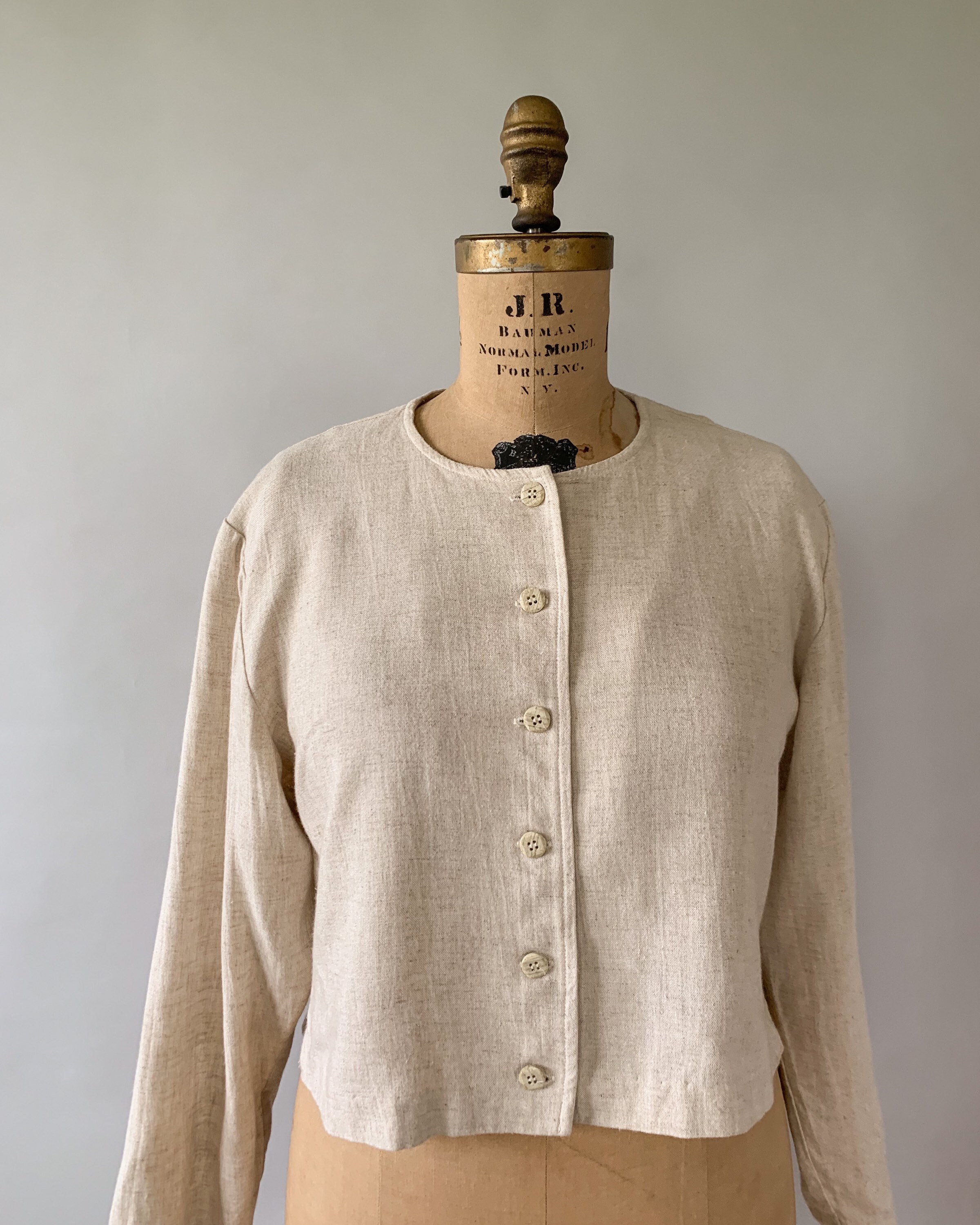 Vintage 1990s beige linen cropped button front jacket / medium M