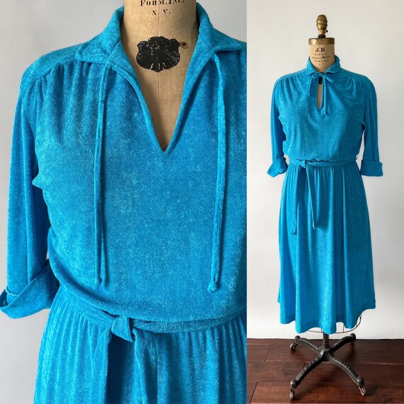 Vintage 70s Dress, 1970s Bright Aqua Blue Terry Cloth… - Gem
