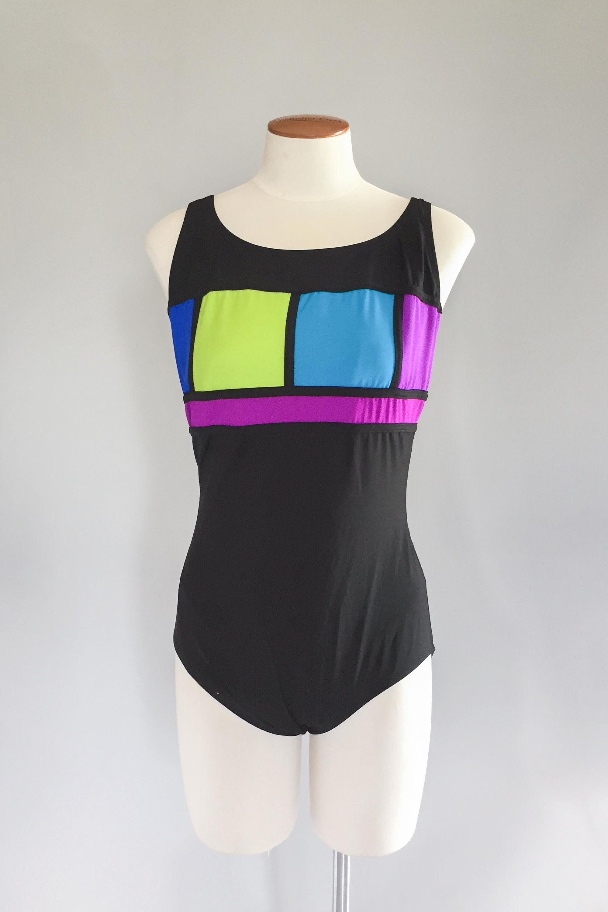 Vintage 1990s black rainbow colorblock one piece scoop back swimsuit by ...