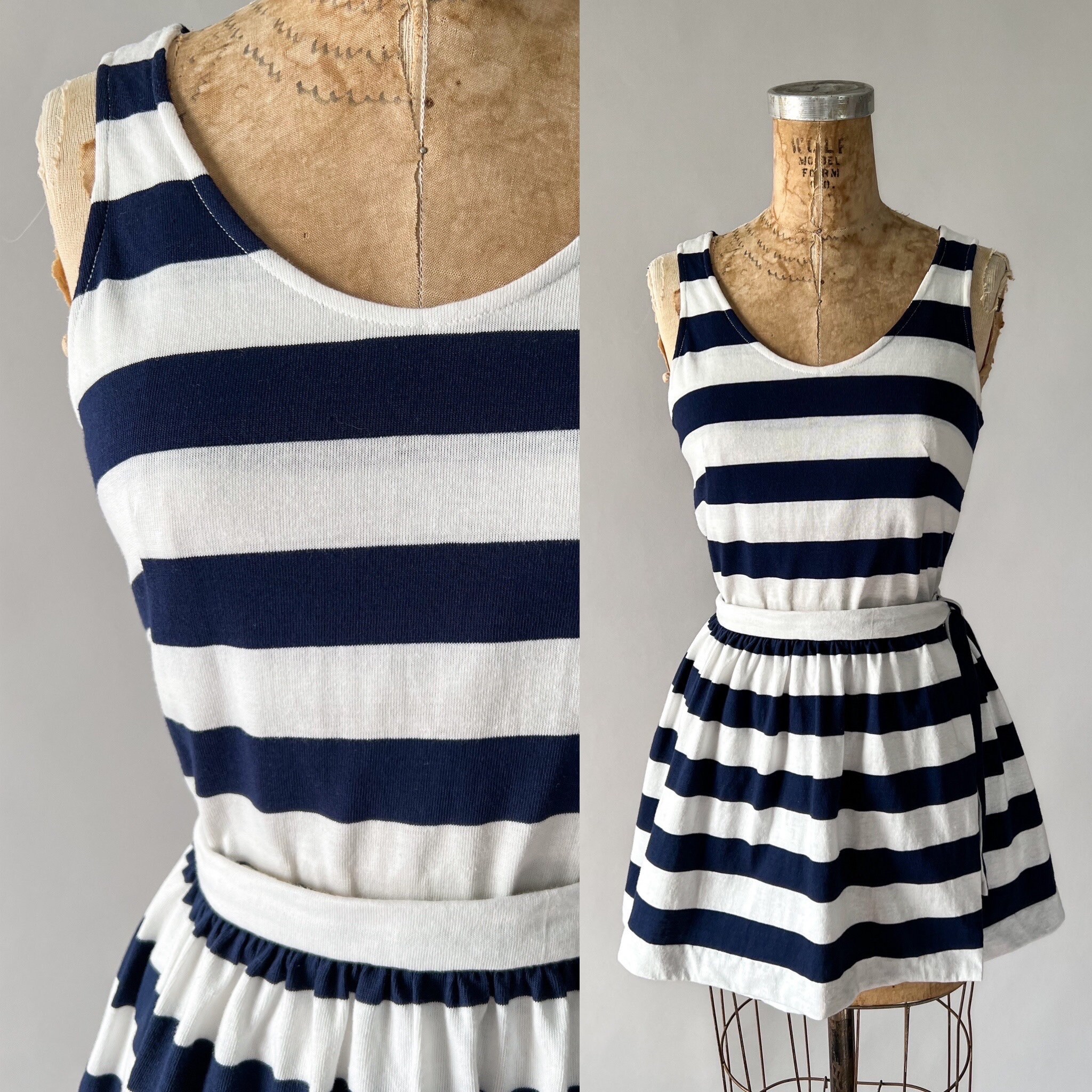 1970s Vintage Mod Navy White Stripe Cotton Knit Tunic Tank Top Micro ...
