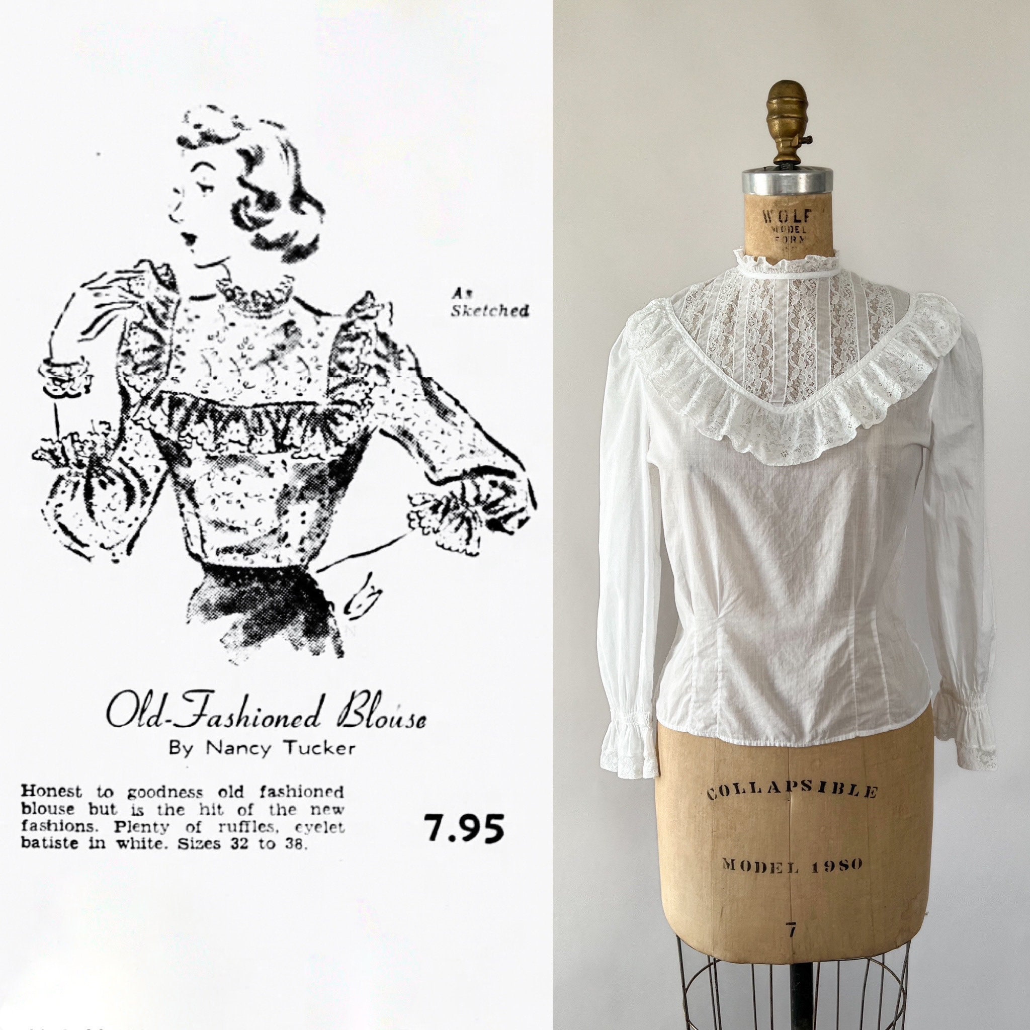 Vintage 40s Blouse, 1940s Nancy Tucker White Cotton Ruffled Shirt ...
