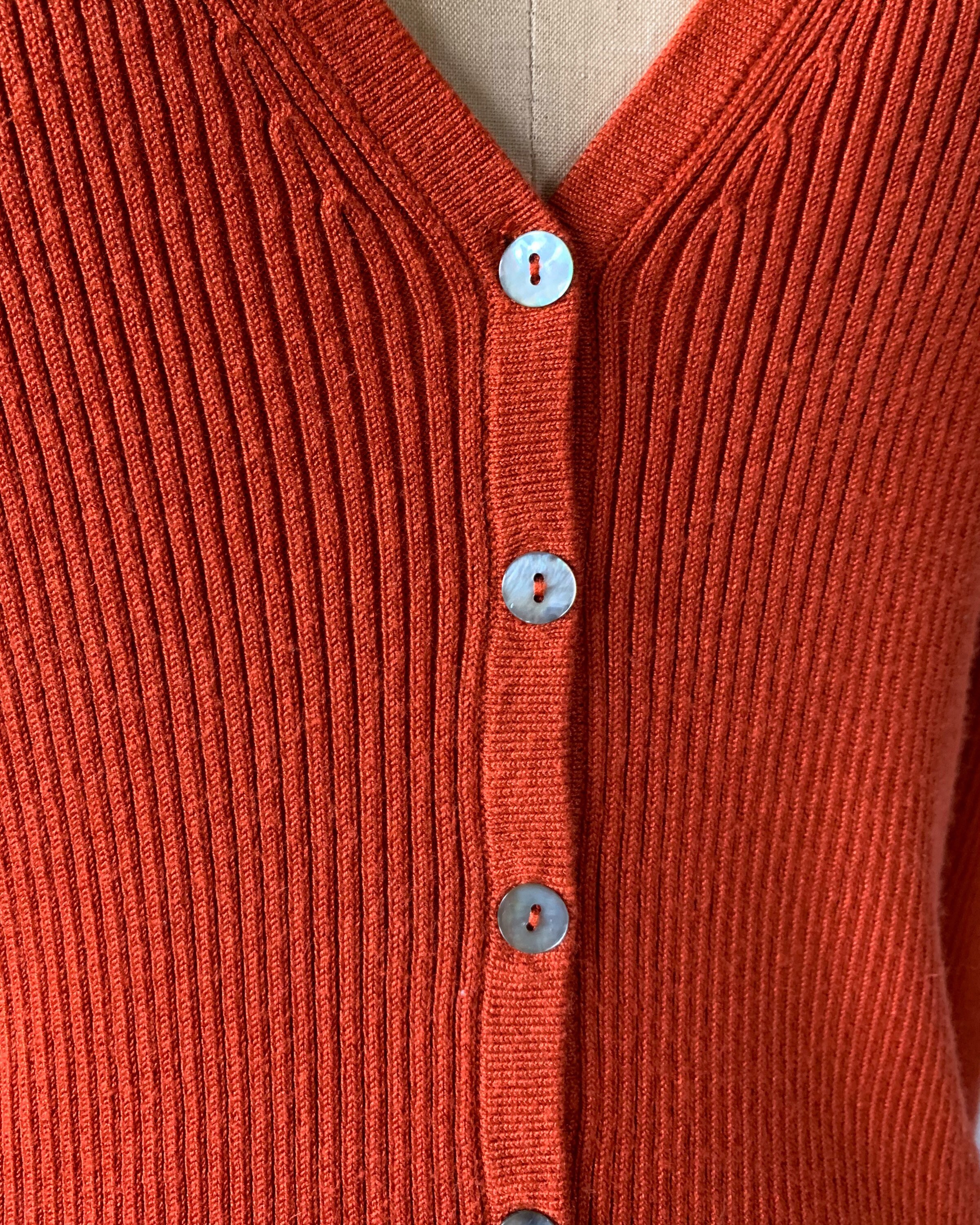 Vintage 1990s orange ribbed knit button down fitted sweater, Small