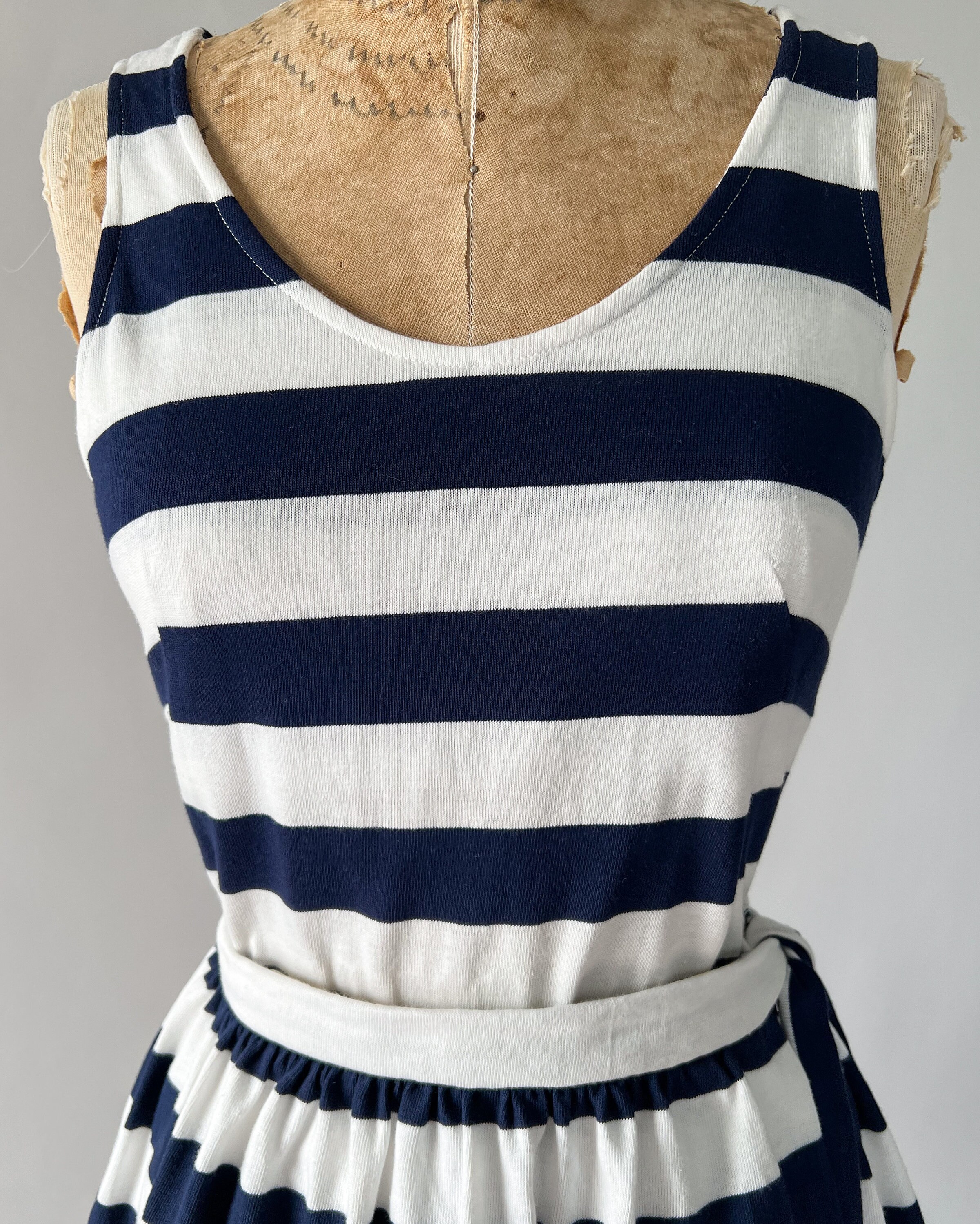 1970s Vintage Mod Navy White Stripe Cotton Knit Tunic Tank Top Micro ...