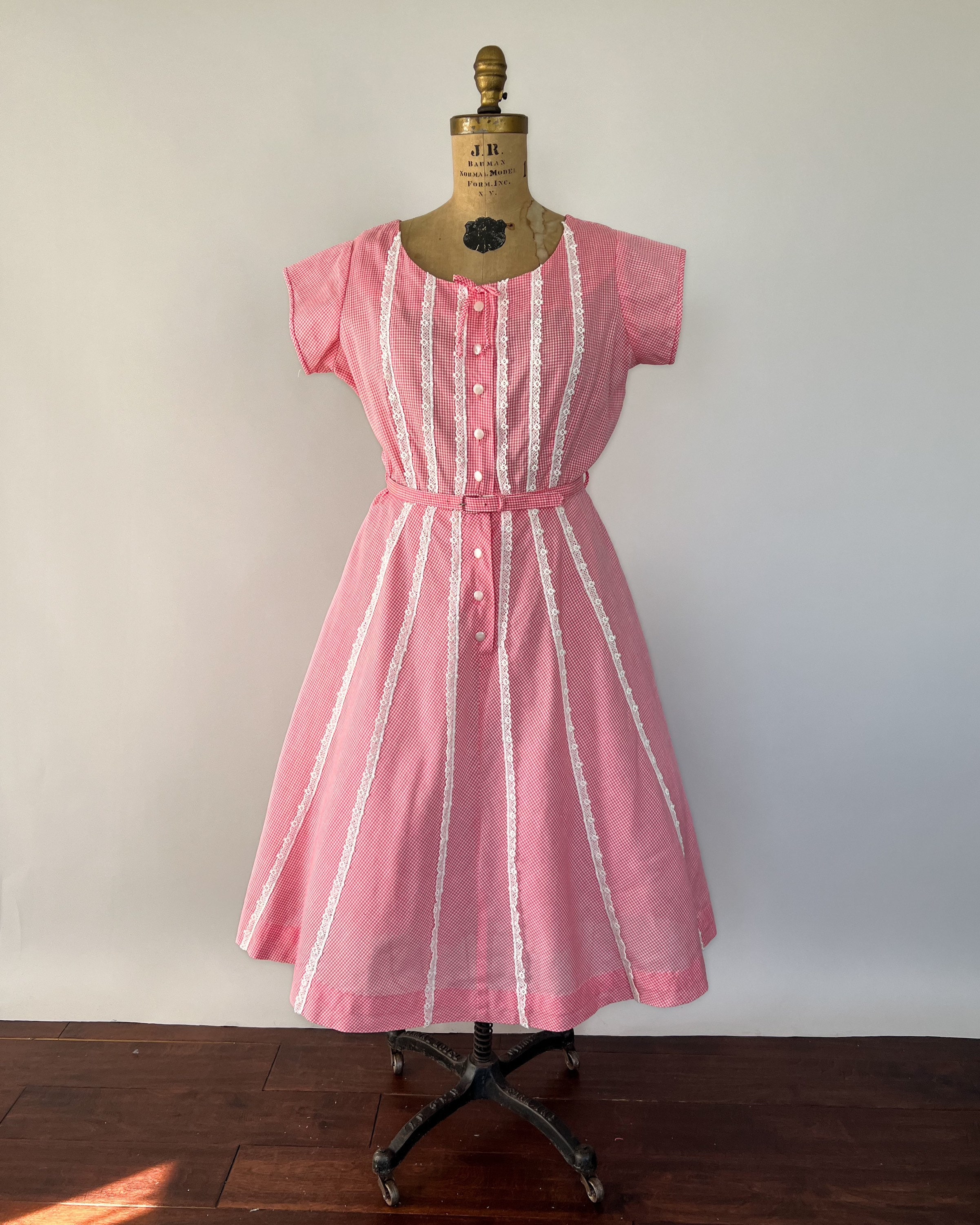 Vintage 50s Dress, 1950s Pink Check Cotton Gingham Lace Trim Scoop Neck ...