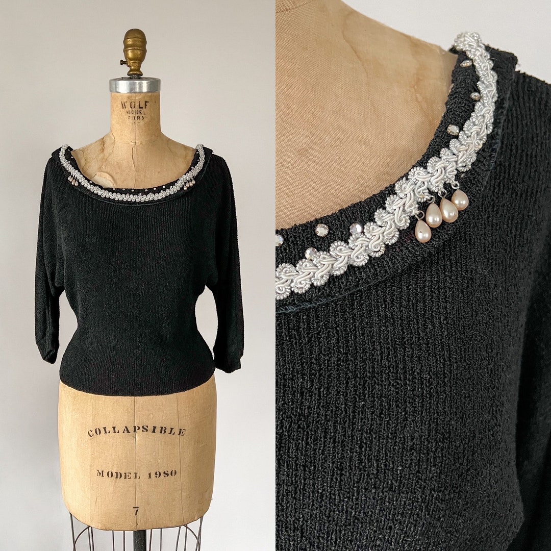 Vintage 50s Sweater, 1950s Apollo Black Rayon Boucle Knit Top, Pinup ...