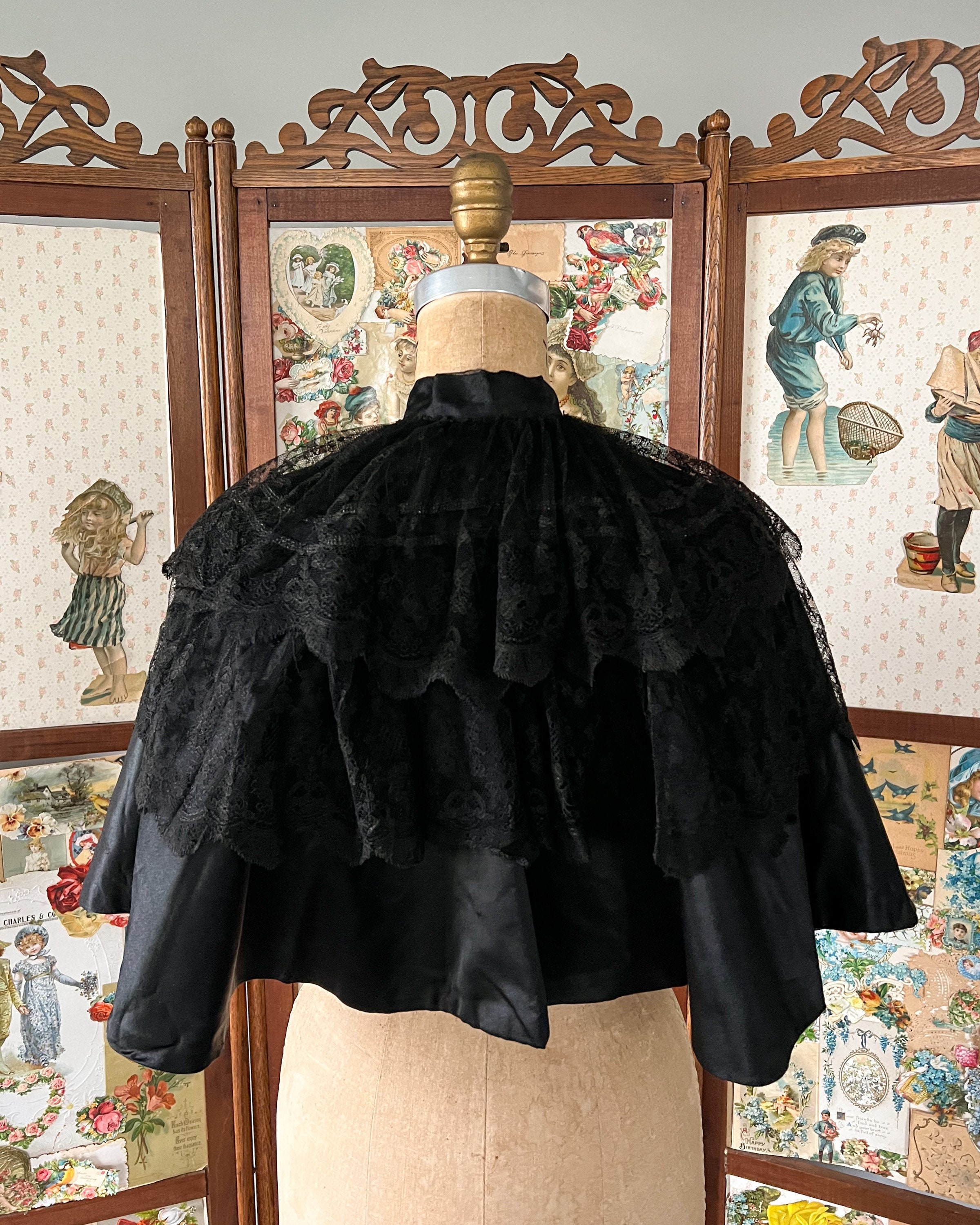 Antique 1890s Victorian black silk ruffled lace mourning capelet with ...