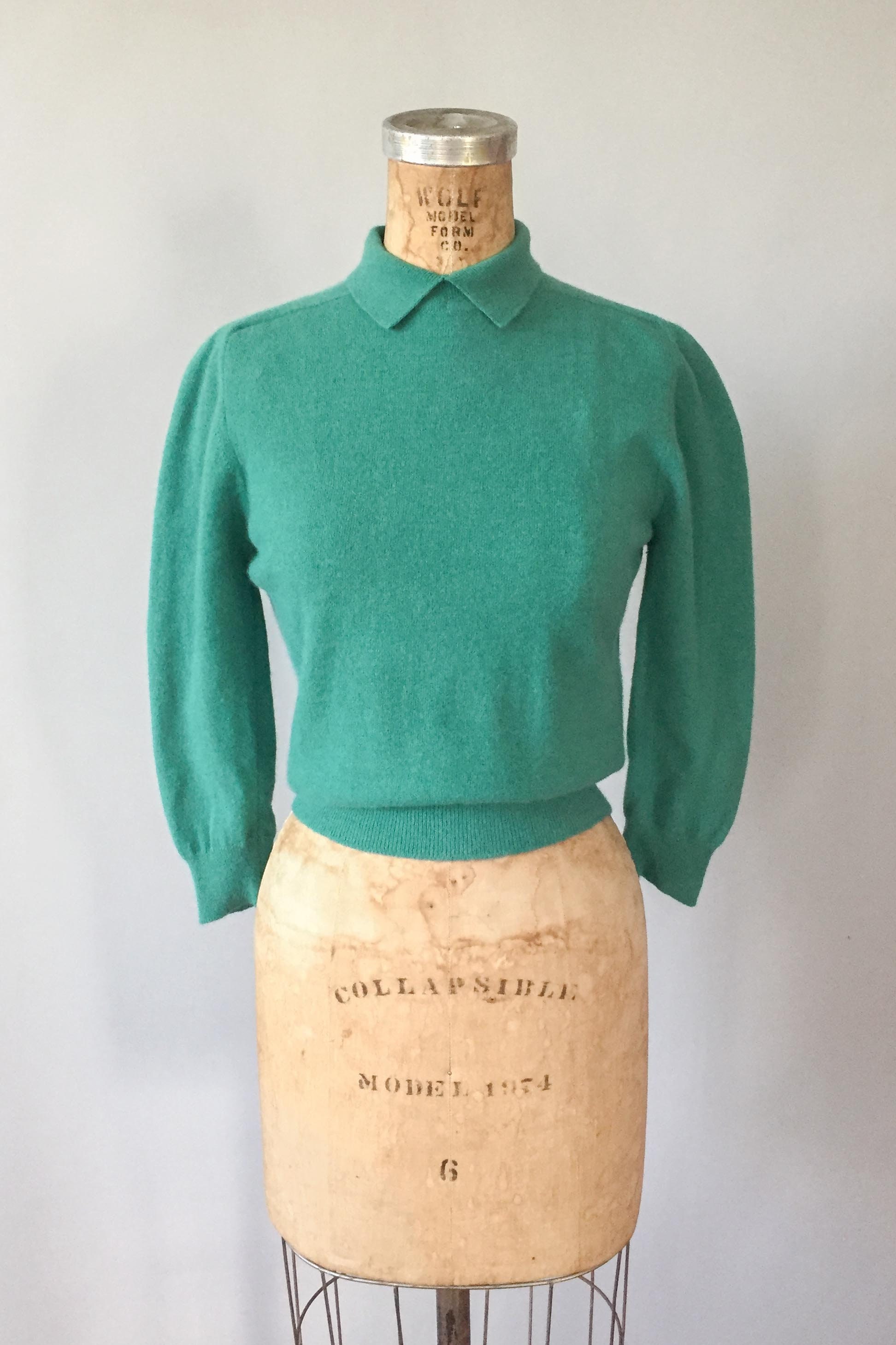 Vintage 1950s 50s green peter pan collar puffed sleeve cropped pullover ...
