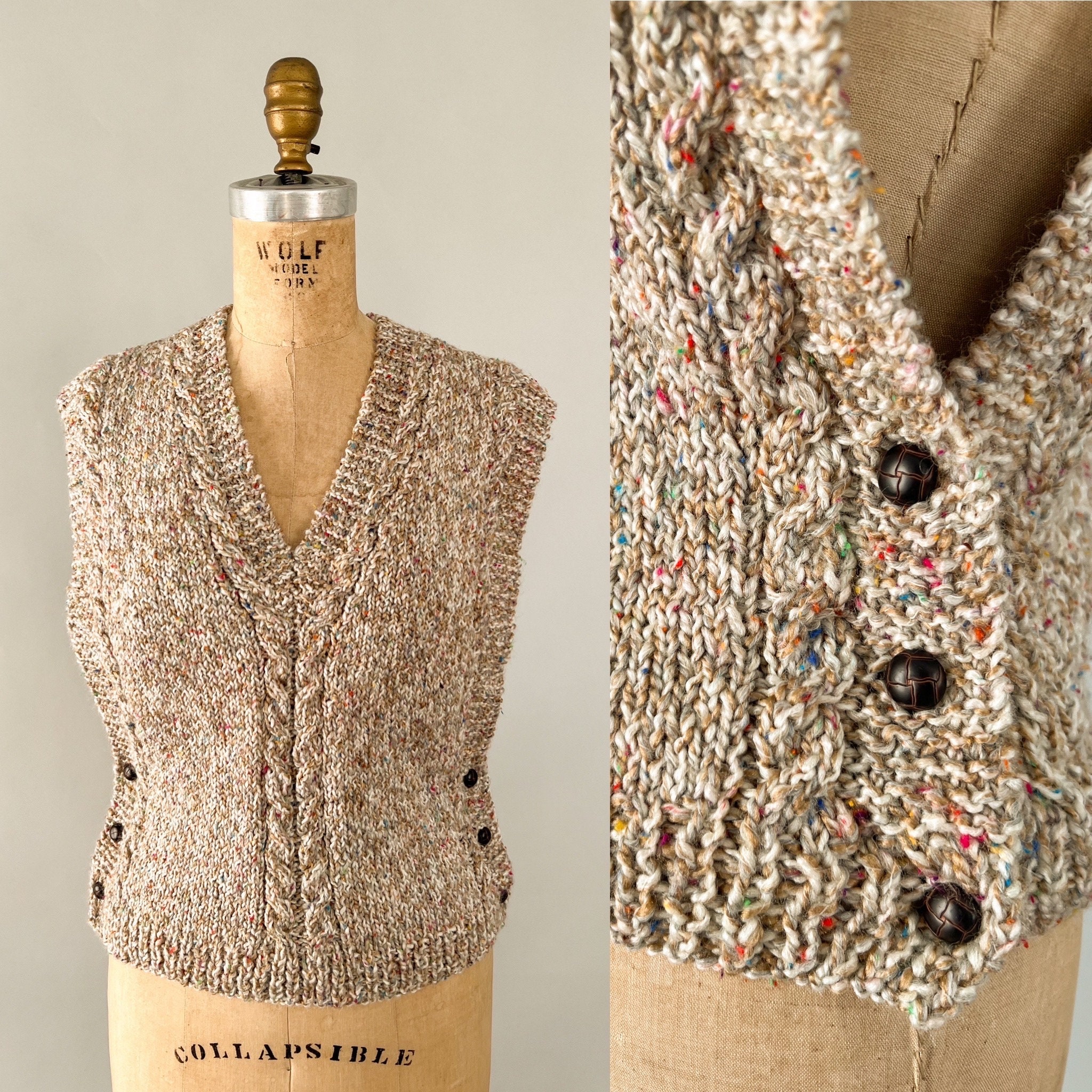 Vintage 80s sweater, 1980s beige acrylic sweater vest, rainbow fleck ...