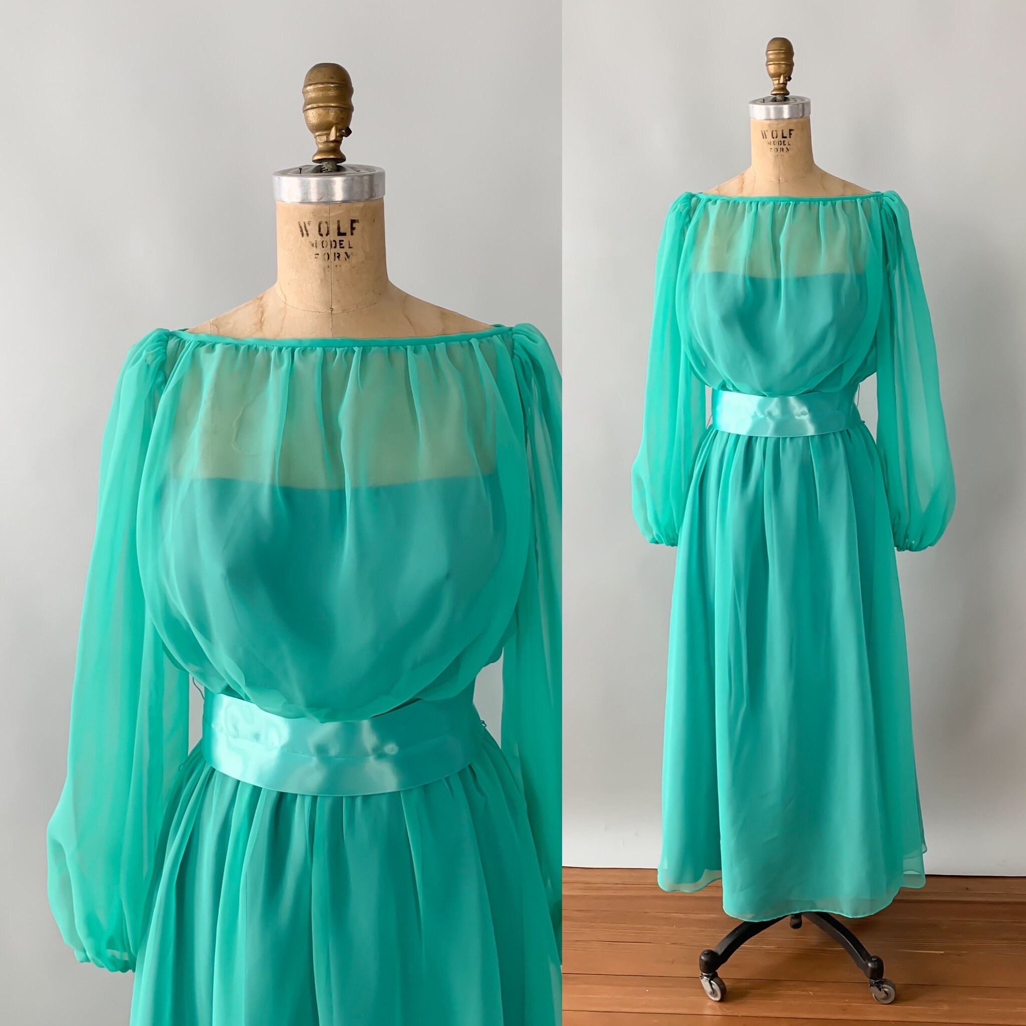 Vintage 1960s turquoise chiffon maxi holiday party dress, Extra Small