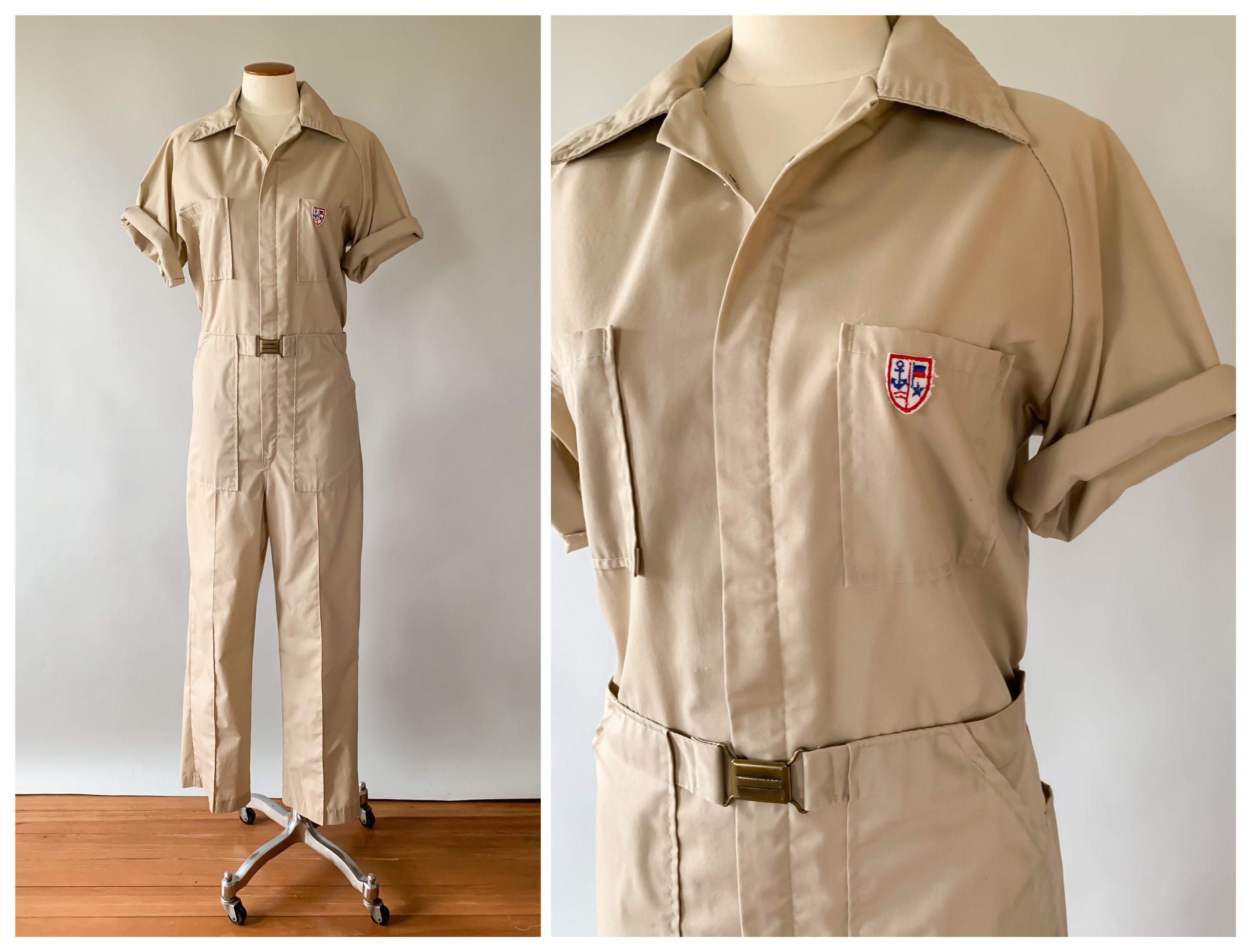 Vintage 1970s 1980s tan coveralls utility jumpsuit Medium M Large L