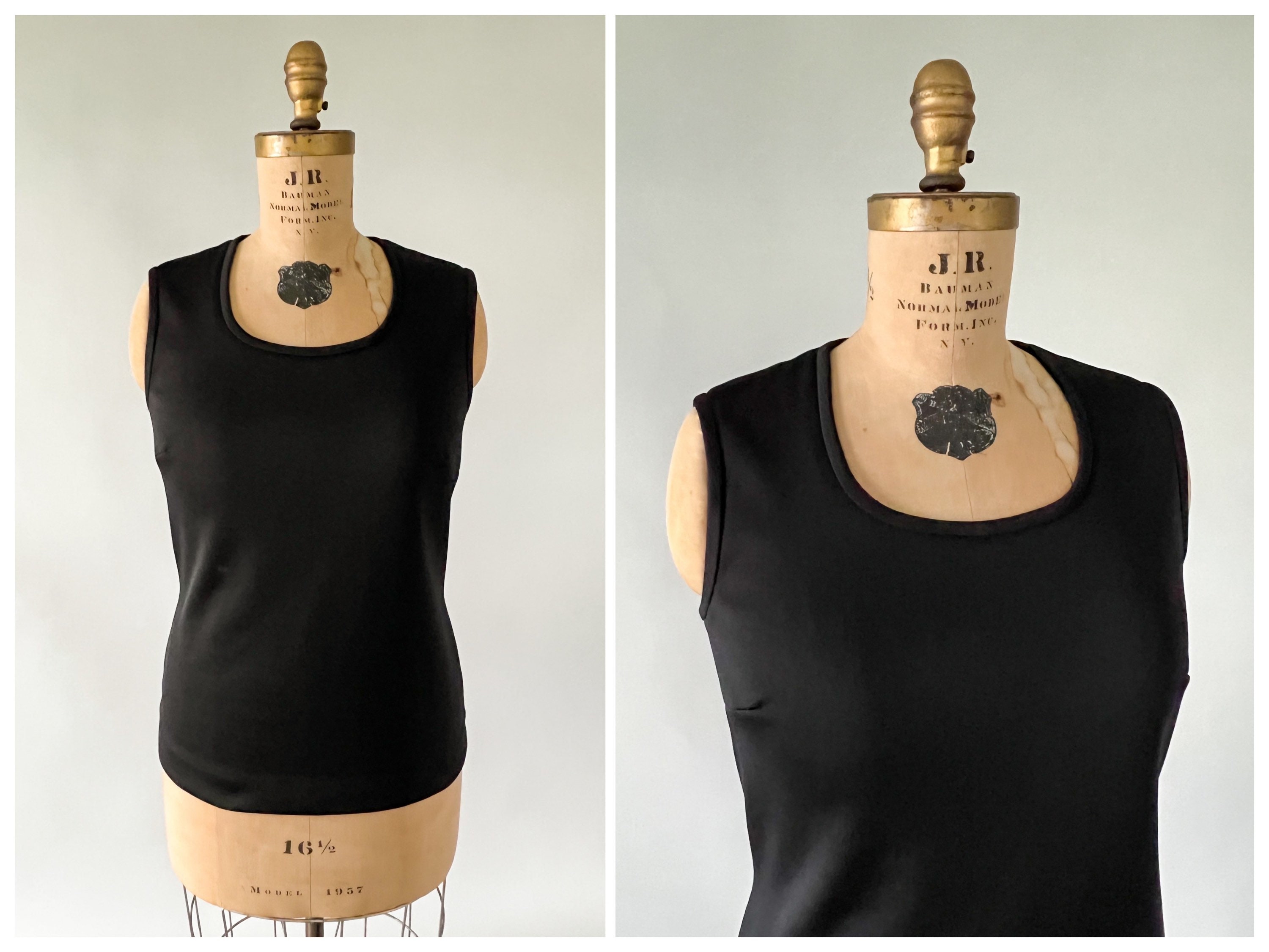 Vintage 1970s black polyester scoop neck tank top, Medium Large
